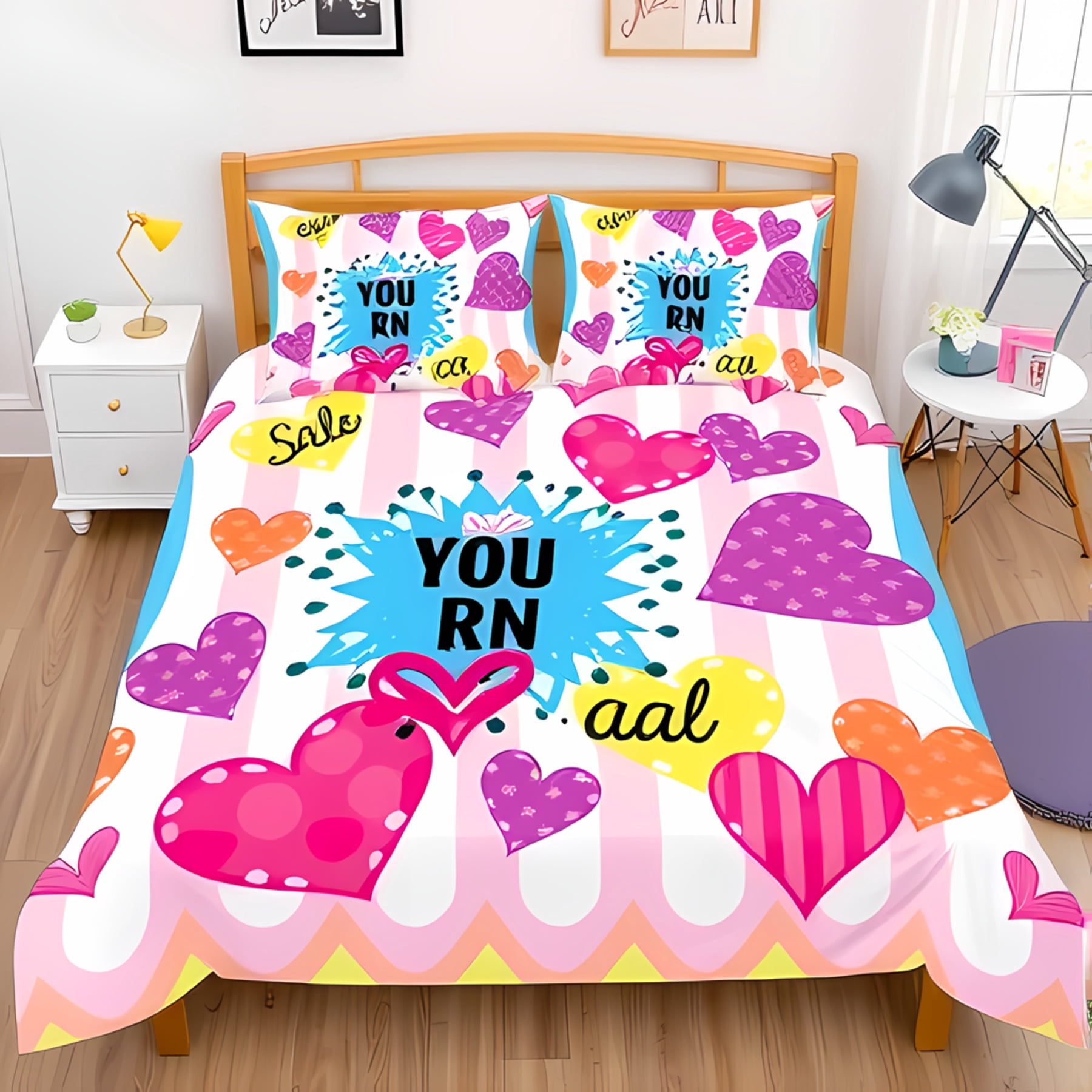 Colorful 3-Piece Duvet Cover Set with Playful Heart Patterns Blue ...