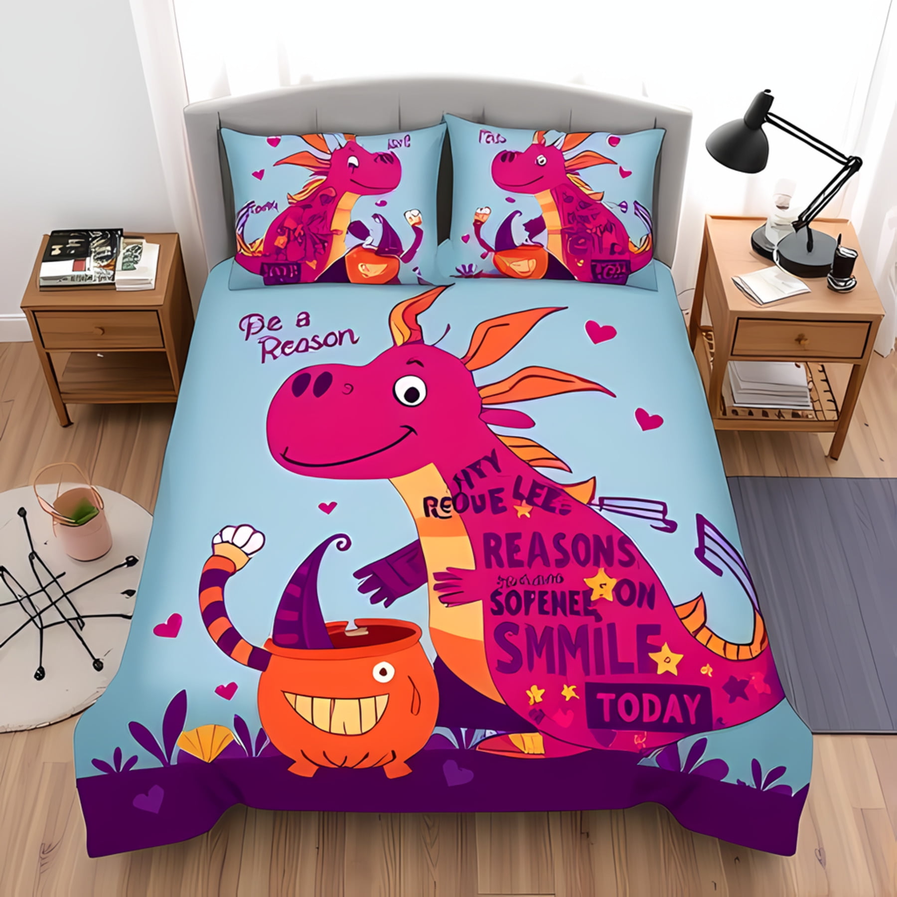 Colorful 3-Piece Duvet Cover Set with Playful Pink Dragon & Orange ...