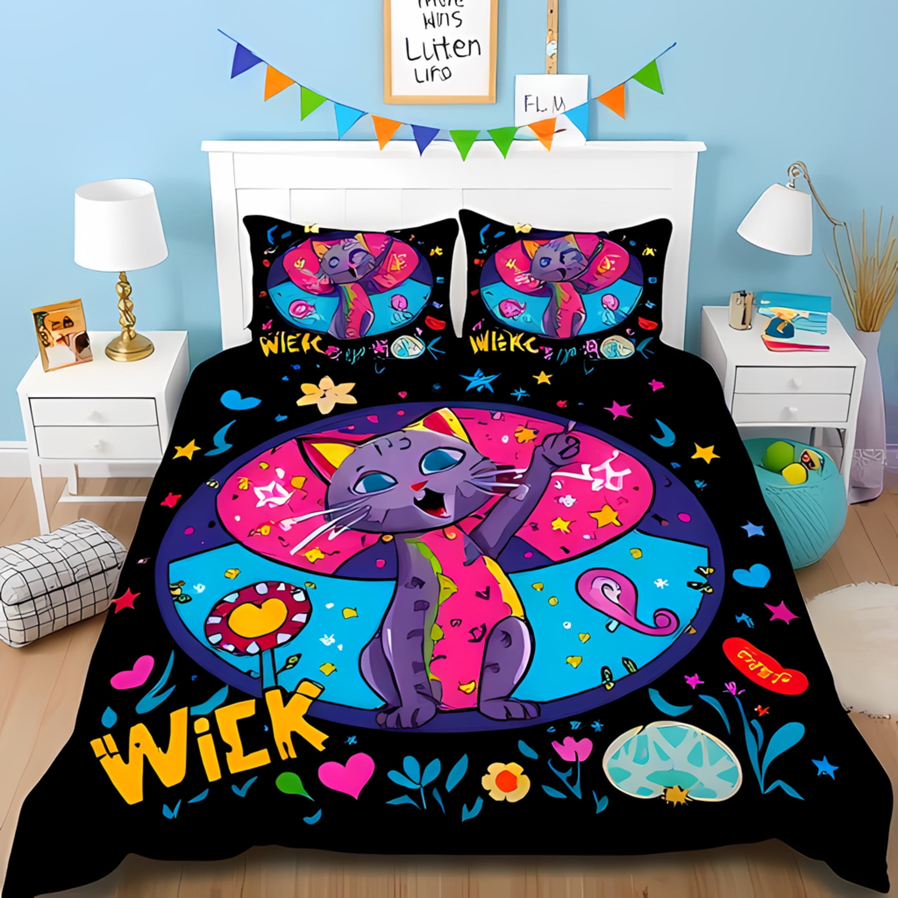 Colorful 3 Piece Duvet Cover Set With Playful Purple Cat Design Stars And Flowers Black Bedding