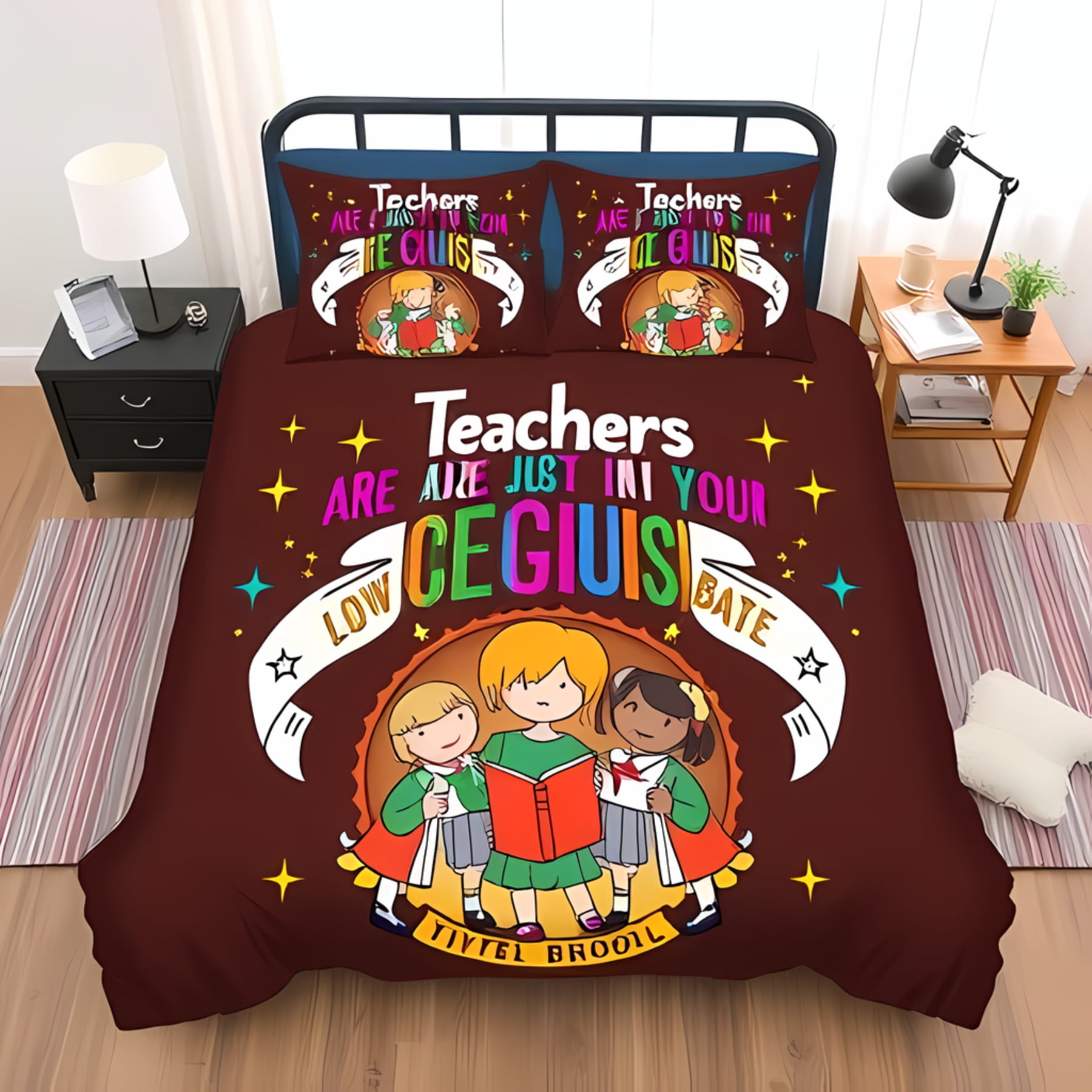 Colorful 3-Piece Duvet Cover Set with Playful Teacher-Themed Design ...