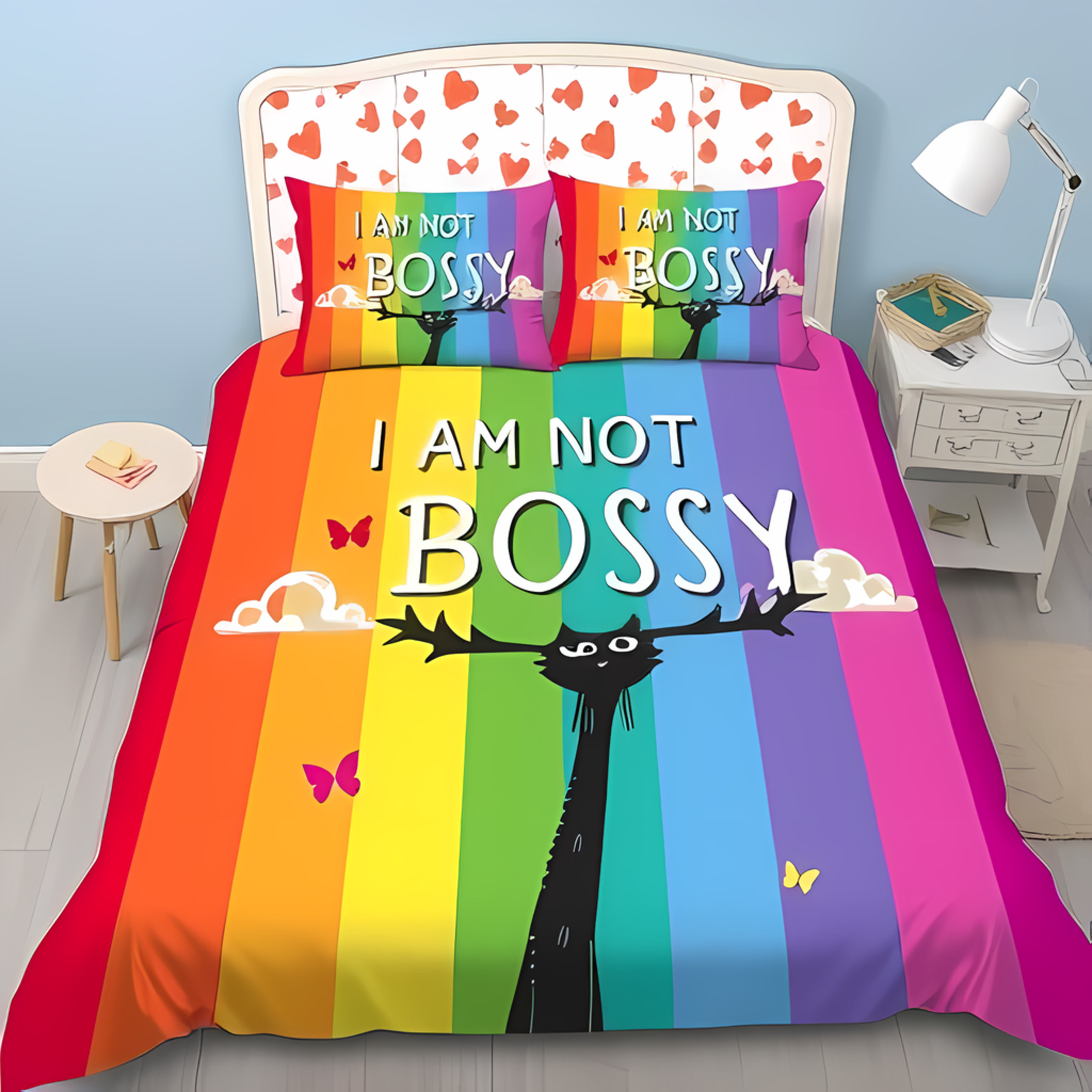 Colorful 3-Piece Duvet Cover Set with Rainbow Design Cat & Crown Clouds ...