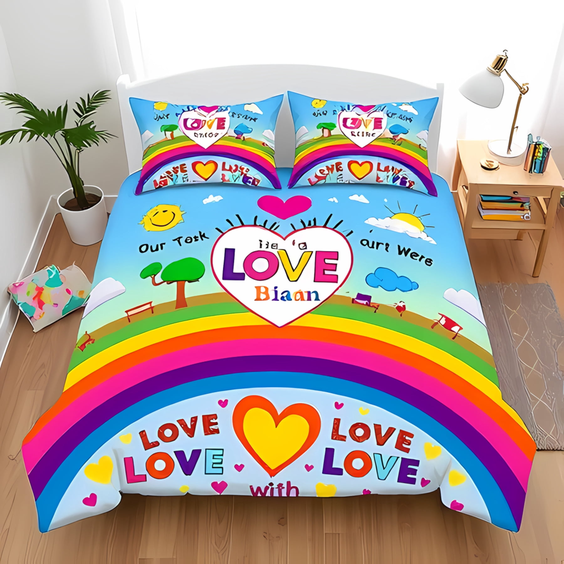 Colorful 3-Piece Duvet Cover Set with Rainbow Smiling Sun Tree & Happy ...