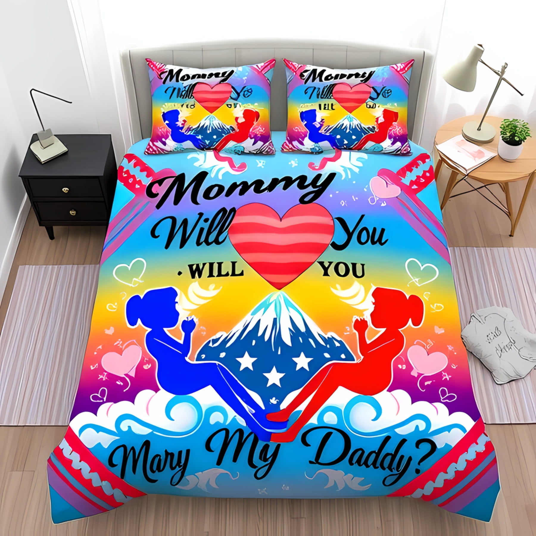 Colorful 3-Piece Duvet Cover Set with Silhouetted Figures Mountain ...