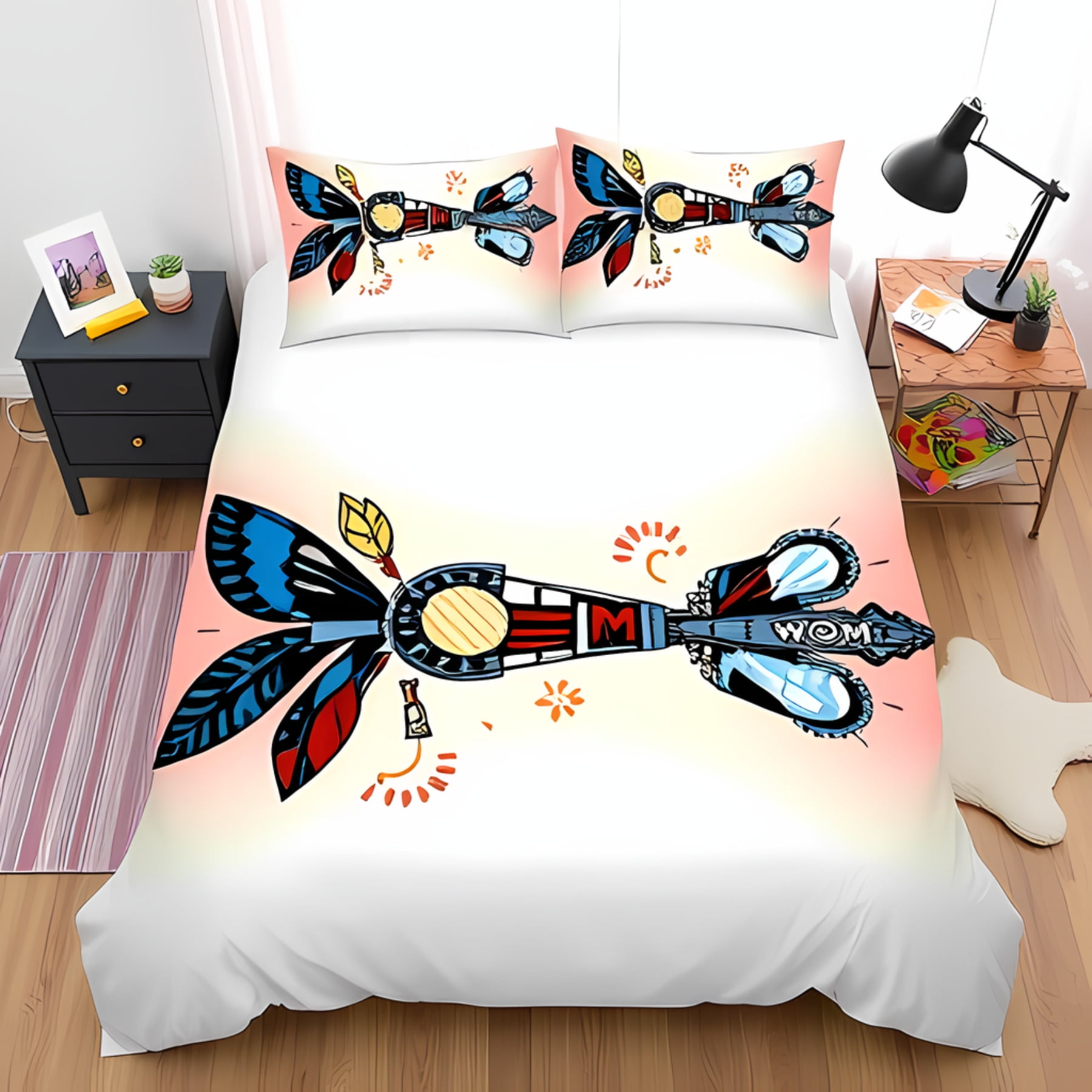 Colorful 3-Piece Duvet Cover Set with Stylized Bird Design and Gradient ...