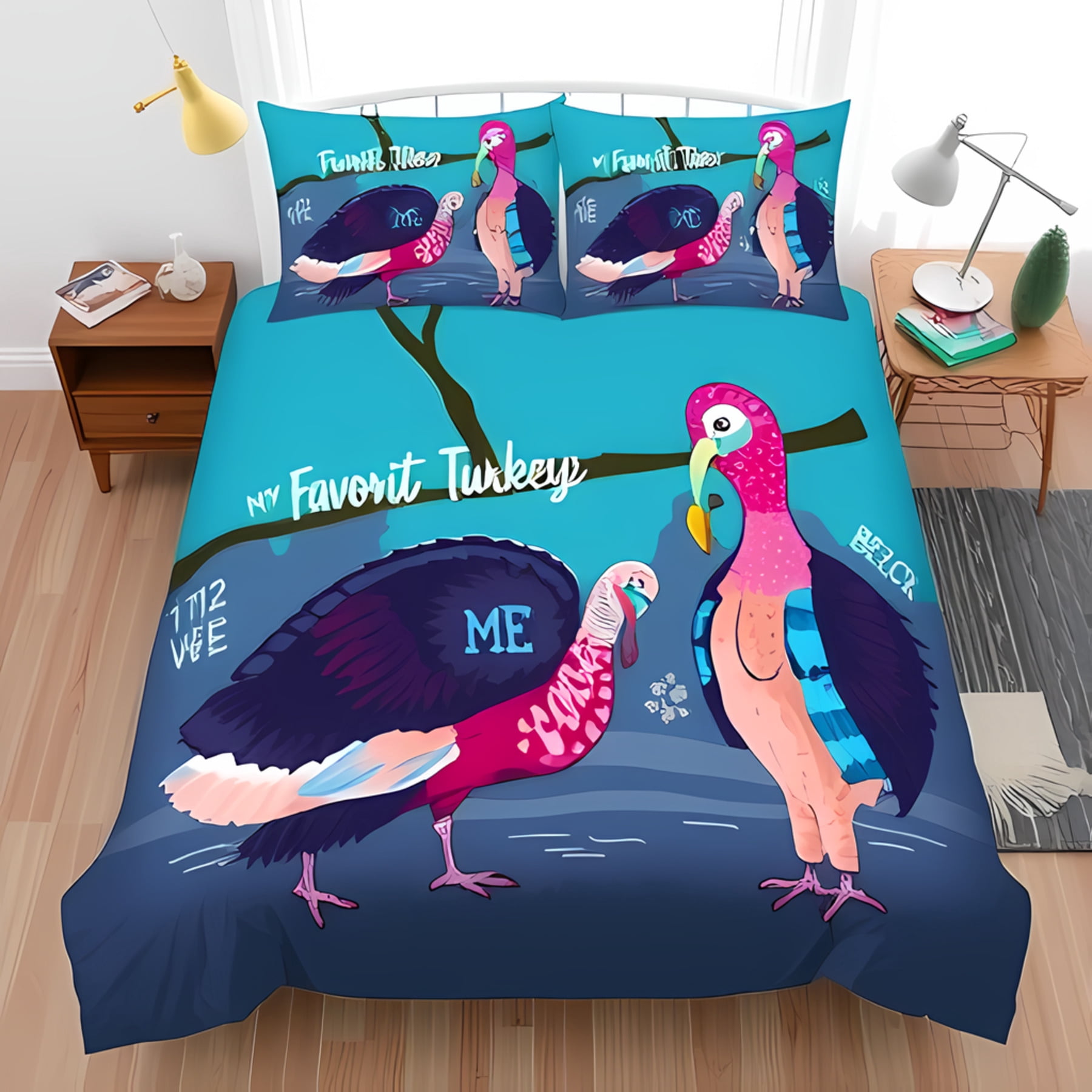Colorful 3-Piece Duvet Cover Set with Vibrant Turkey Illustrations ...