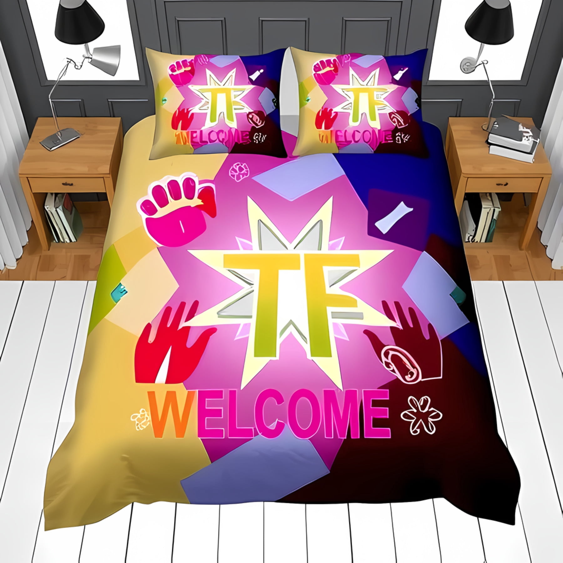 Colorful 3-Piece Duvet Cover Set with Vibrant 'Welcome TF' Design ...