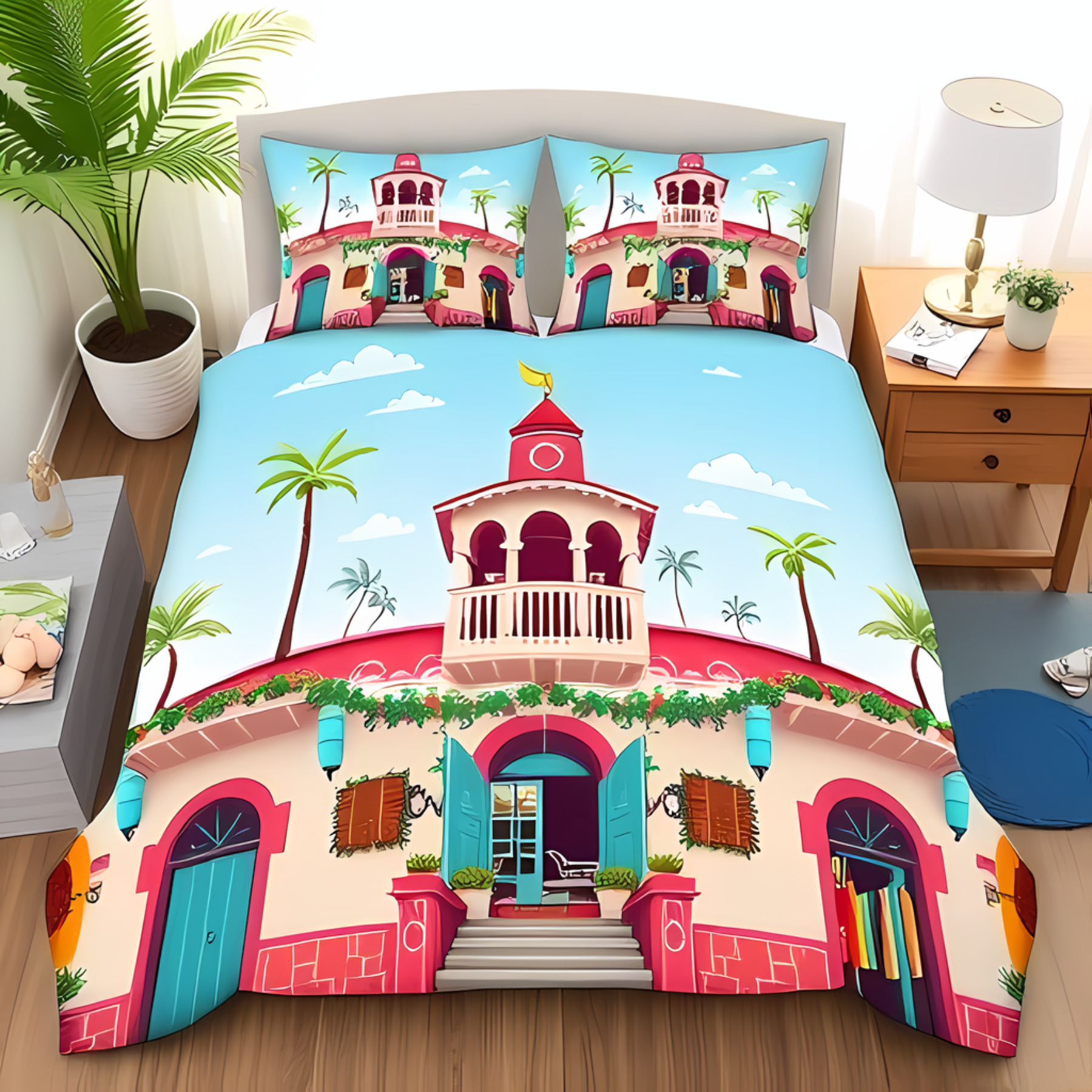 Colorful 3-Piece Duvet Cover Set with Whimsical Building Design Red ...
