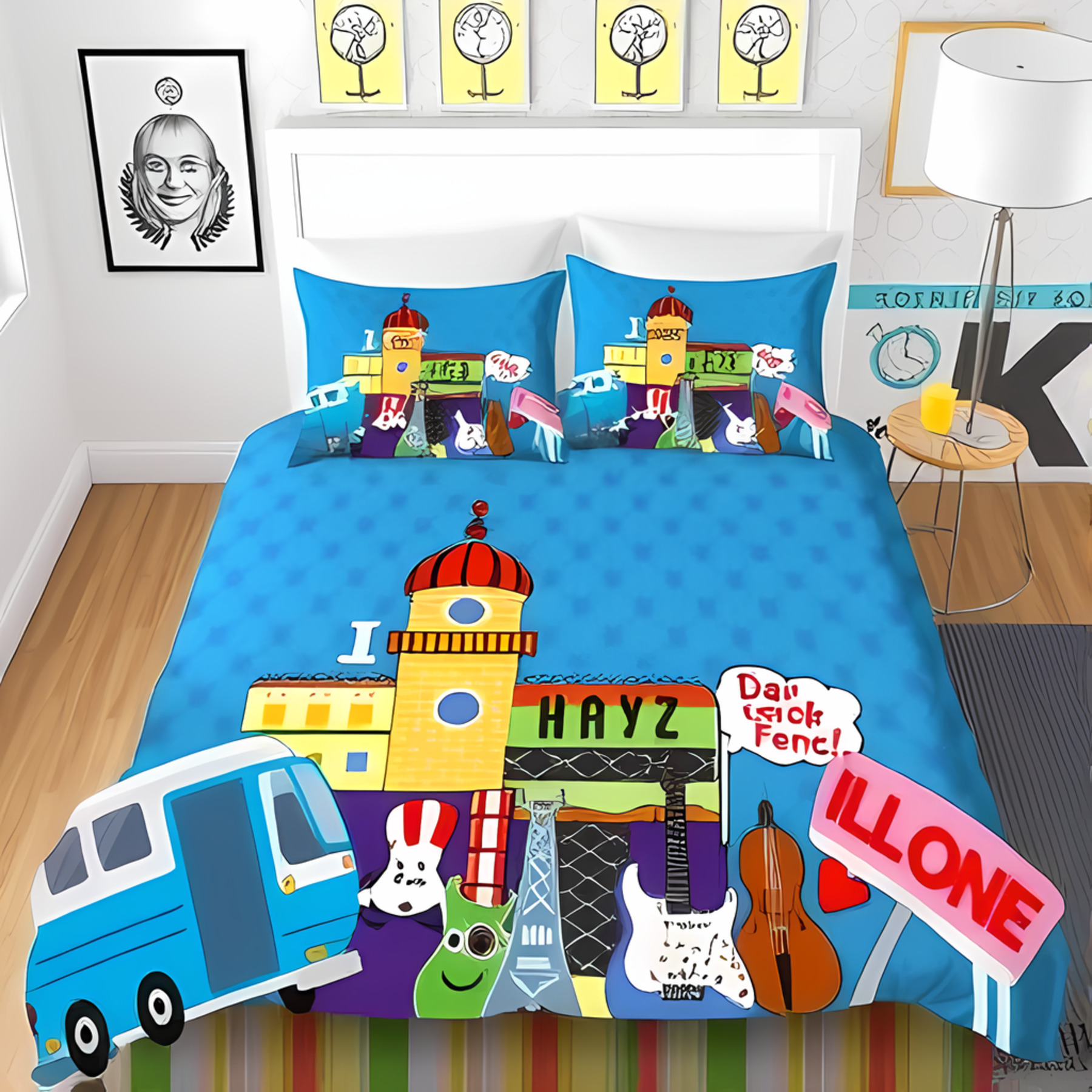 Colorful 3-Piece Duvet Cover Set with Whimsical Cityscape Design Yellow ...