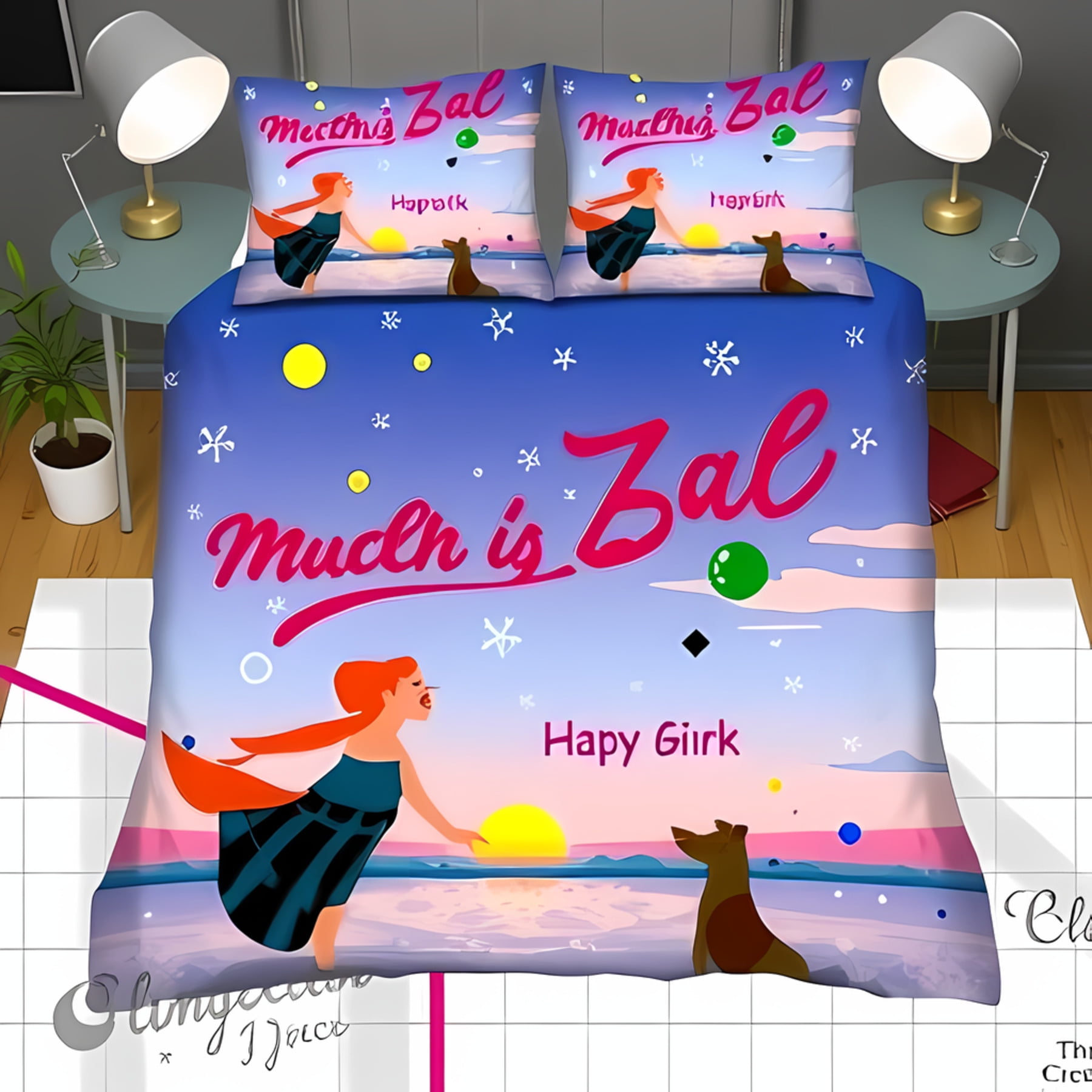 Colorful 3-Piece Duvet Cover Set with Whimsical Design Featuring Girl ...