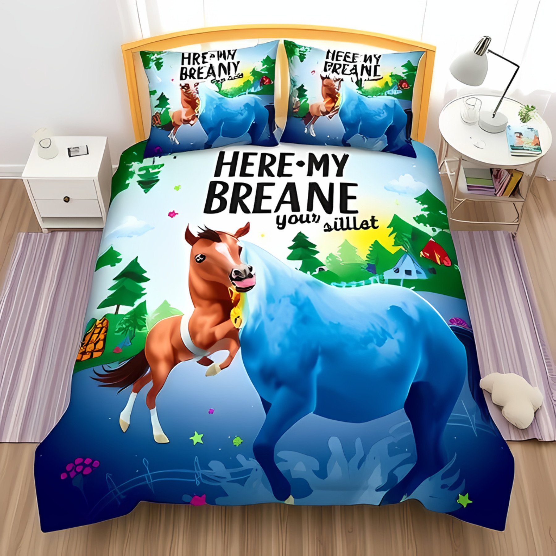 Colorful 3-Piece Duvet Cover Set with Whimsical Horses Design - Brown ...