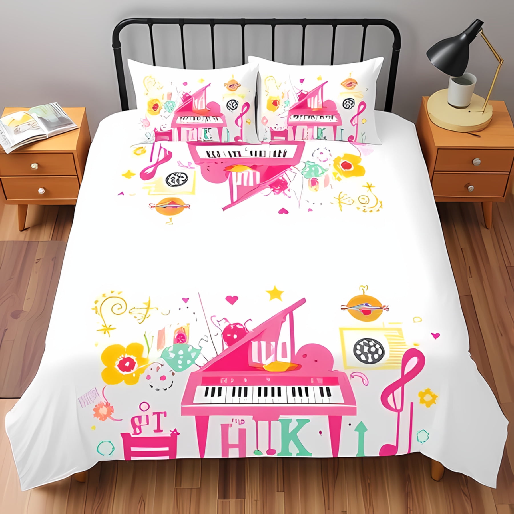 Colorful 3-Piece Duvet Cover Set with Whimsical Pink Piano Musical ...