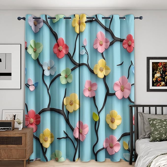 Colorful 3D Floral Curtains, Abstract Branch Tree Blackout Curtains ...