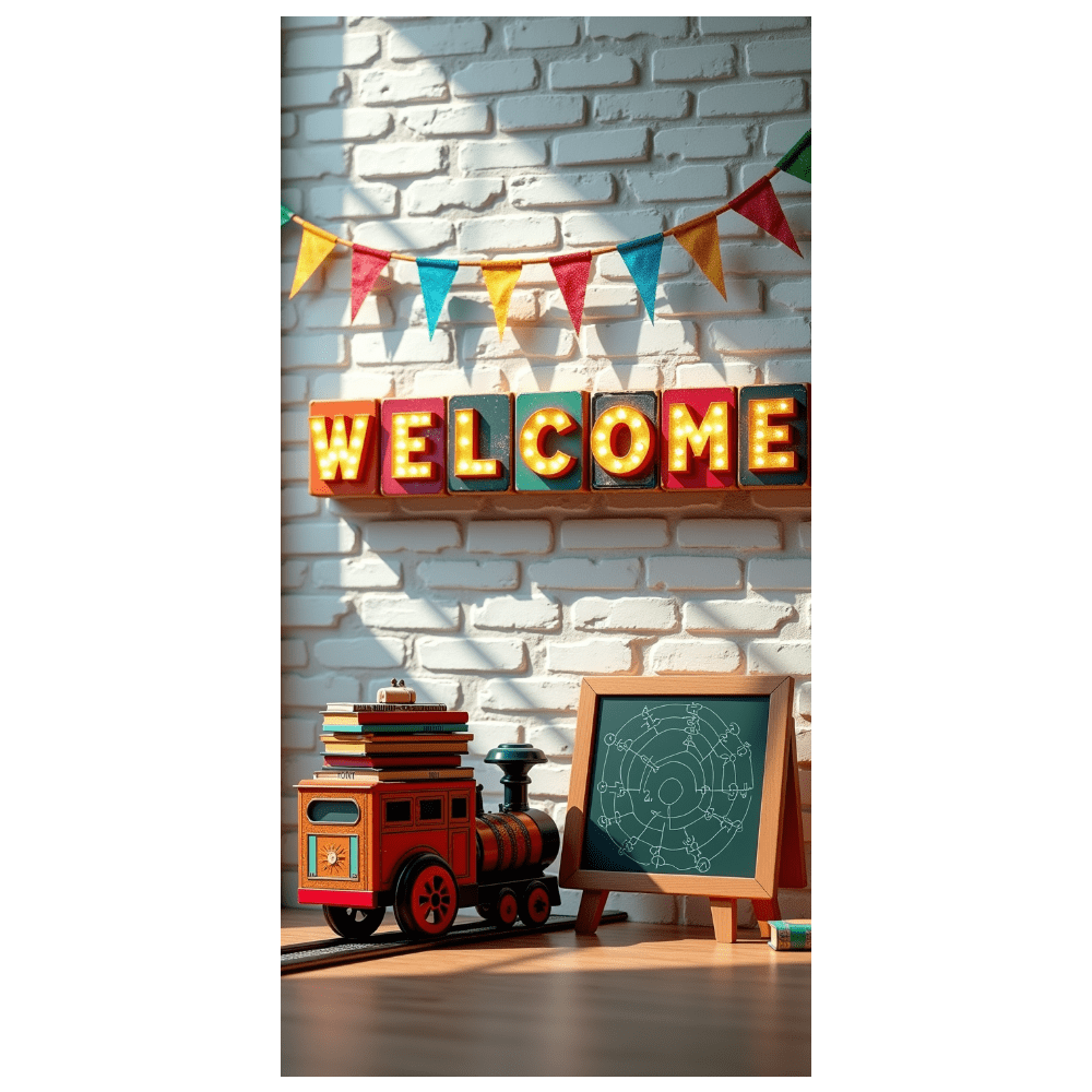 Colorful 3D Welcome Banner with Toy Train School Bus and Miniature ...