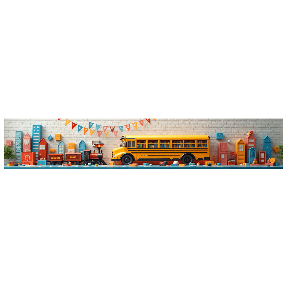 Colorful 3D Welcome Banner with Toy Train School Bus and Miniature ...