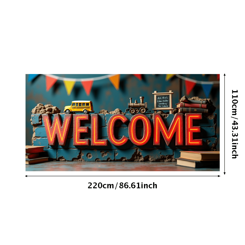 Colorful 3D Welcome Banner with Toy Train School Bus and Miniature ...