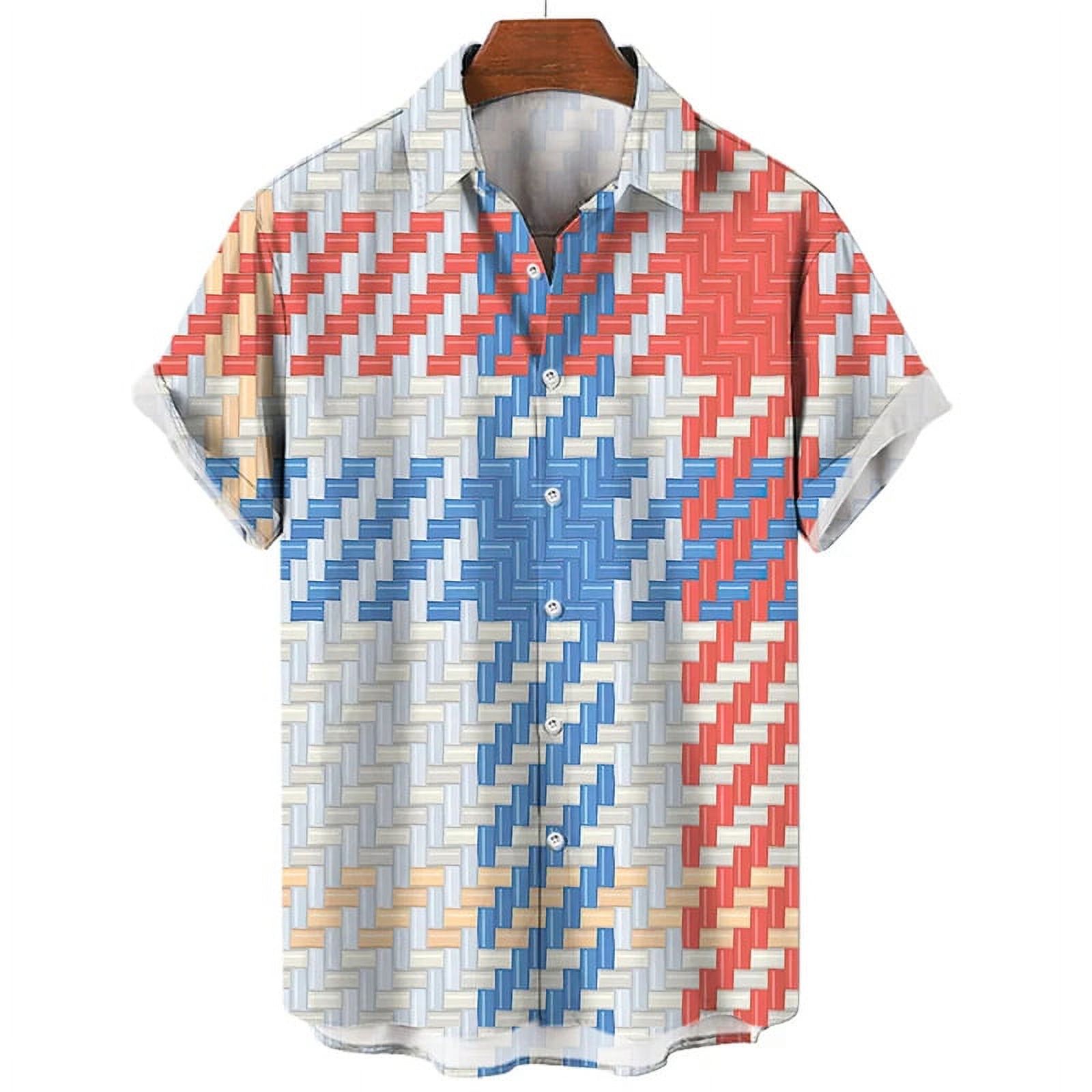 Colorful 3d Print Plaid Shirt Men Lapel Button Short Sleeve Blouse Tops ...