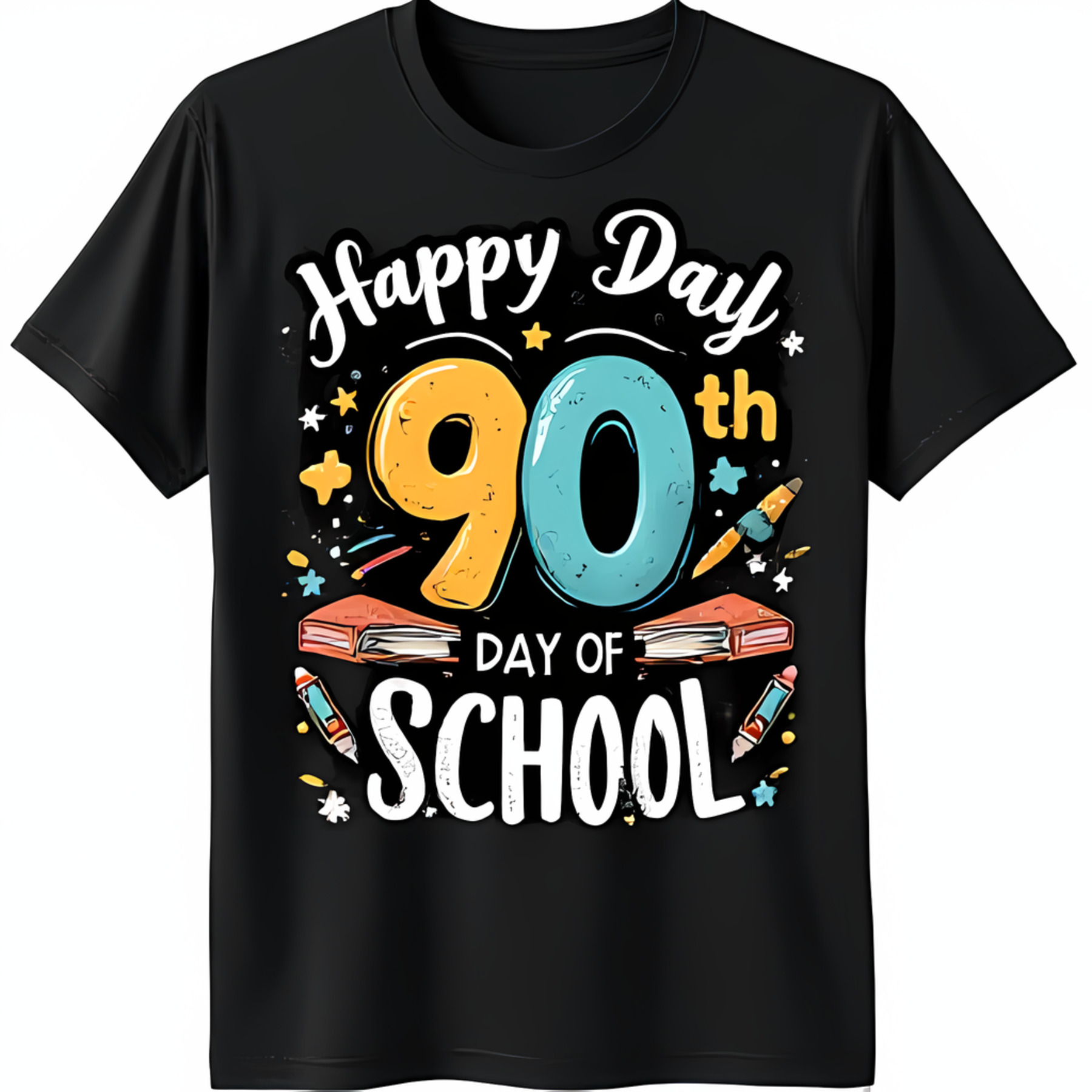 Colorful 90th Day of School Graphic Black T-Shirt with & Stars ...