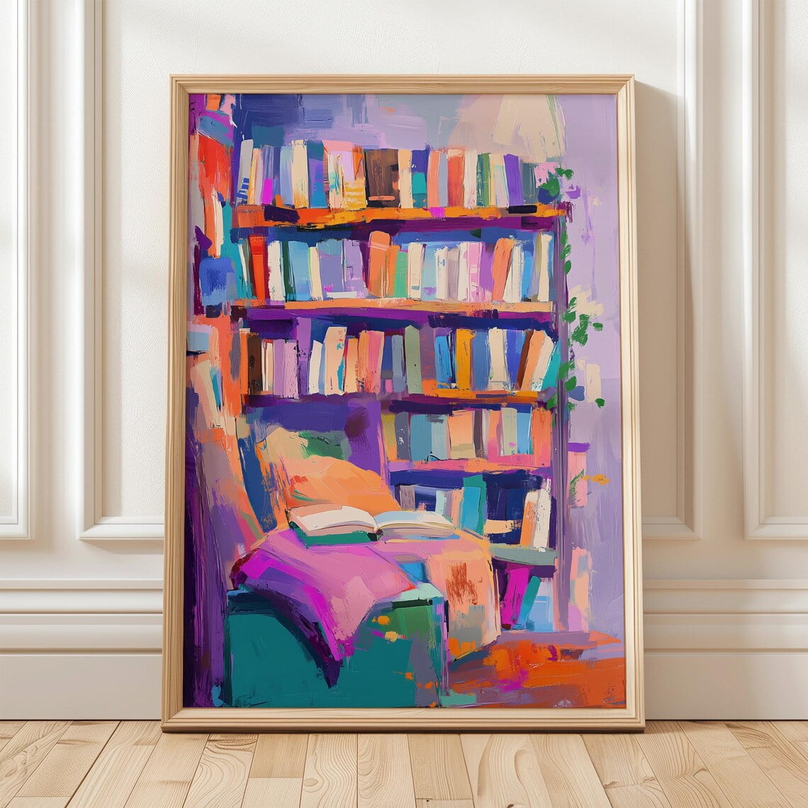 Colorful Abstract Bookshelf Art, Vibrant Reading Corner Print, Cozy ...