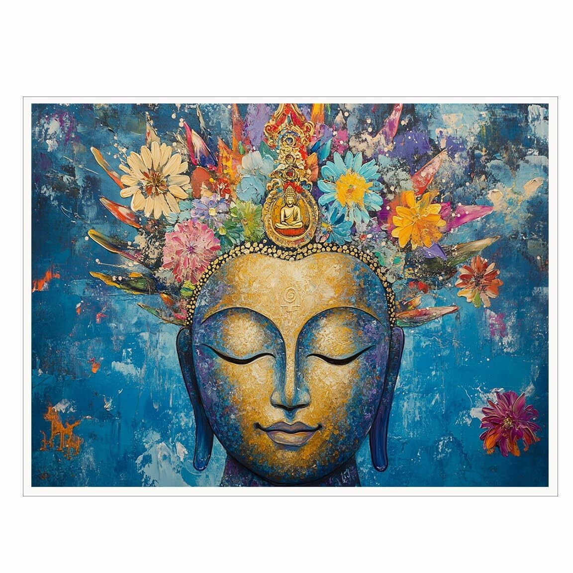 Colorful Abstract Buddha Wall Art with Flowers and Gold Texture Canvas ...