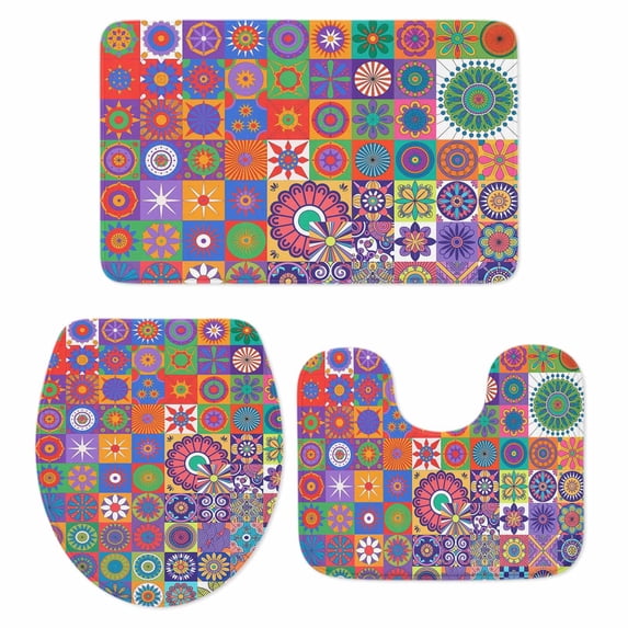 Colorful Abstract Floral Bathroom Rugs Set Countryside Flower Plaid ...