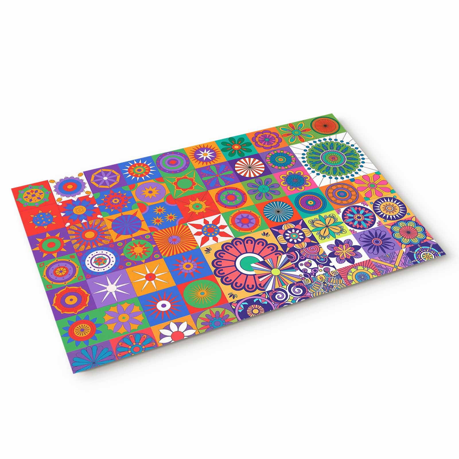 Colorful Abstract Floral Door Mat Countryside Flower Plaid Ethnic Non ...