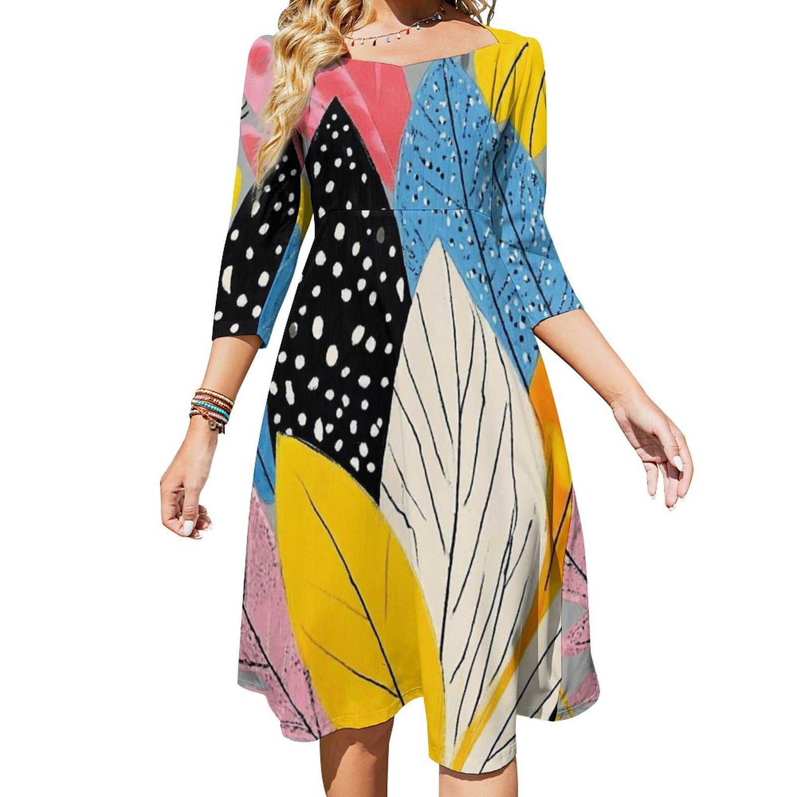 Colorful Abstract Floral Leaves Art Women's 3/4 Sleeve Dresses Elegant ...