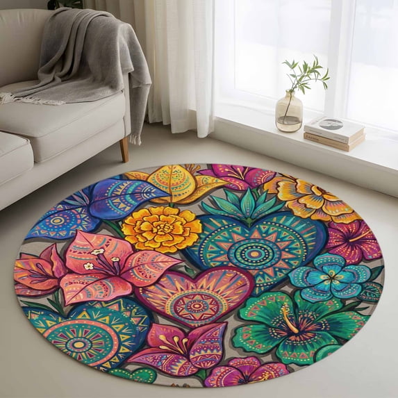 Colorful Abstract Floral Round Area Rug 3Ft Washable Small Circle Rugs ...