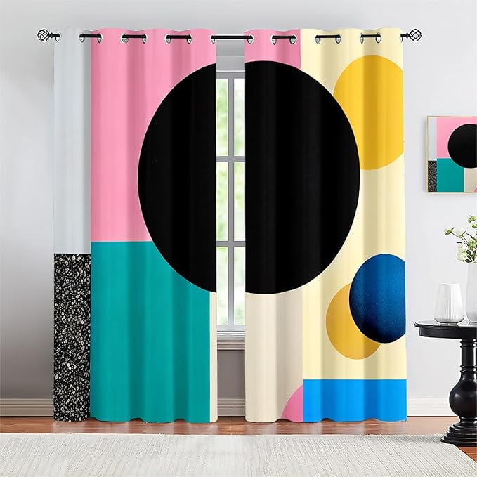 Colorful Abstract Geometric Eyelet Window Curtain, Mid-Century Modern Art Bedroom Blackout ...