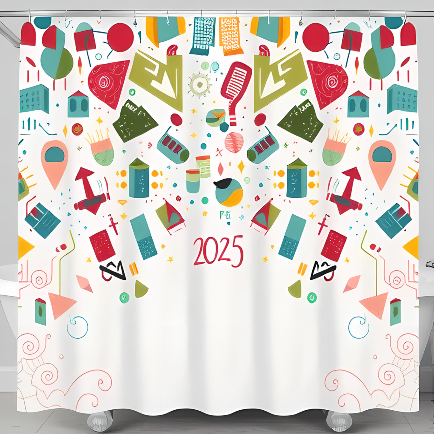 Colorful Abstract Geometric Shower Curtain with Bold '2025' Design ...