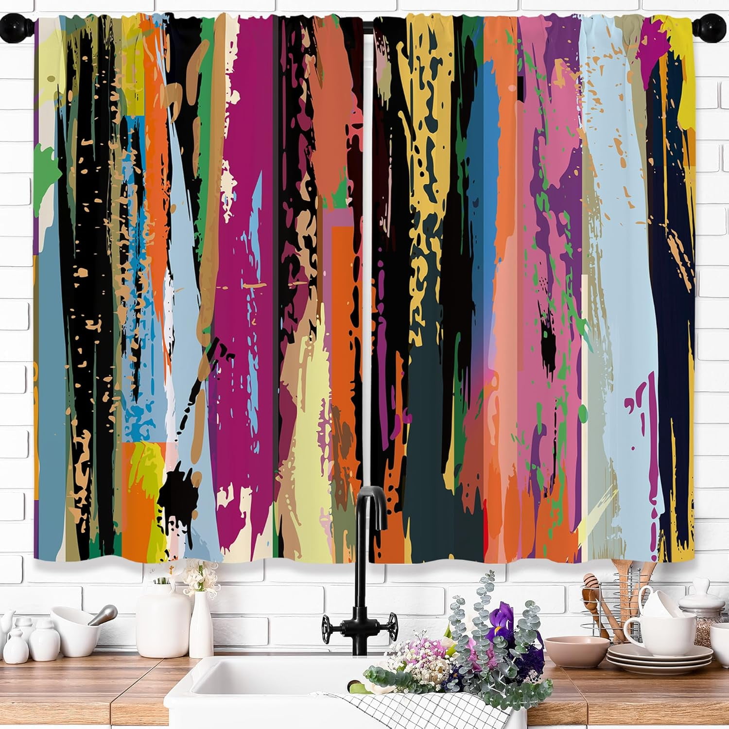 Colorful Abstract Kitchen Curtains Multicolored Rainbow Curtains Small ...