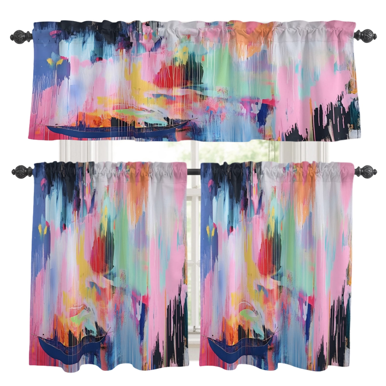 Colorful Abstract Kitchen Curtains Valance and Tier Set Boat Rod Pocket ...