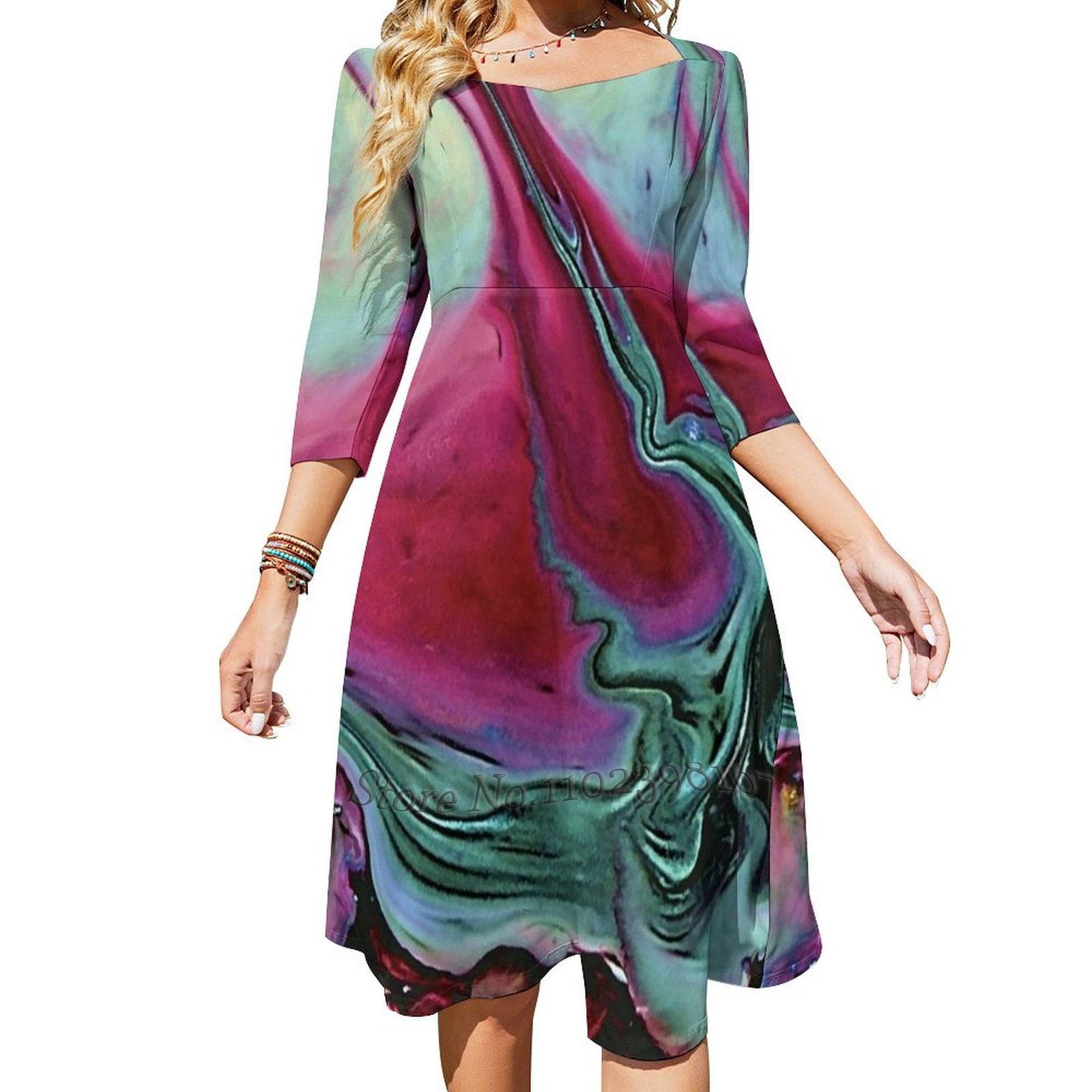 Colorful Abstract Marbling Sweetheart Knot Flared Dress Fashion Design ...
