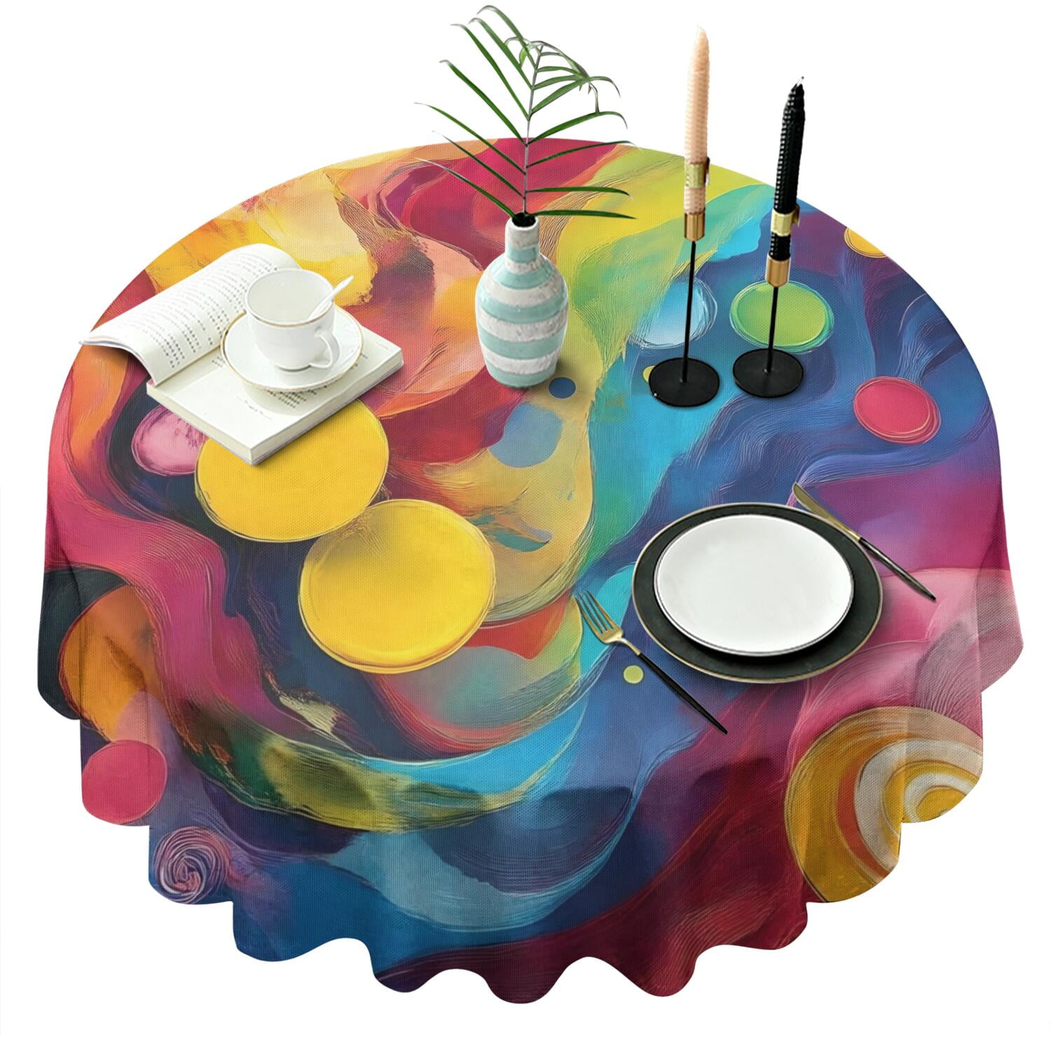Colorful Abstract Pattern Round Tablecloth 60"x60",Wrinkle Wipeable ...