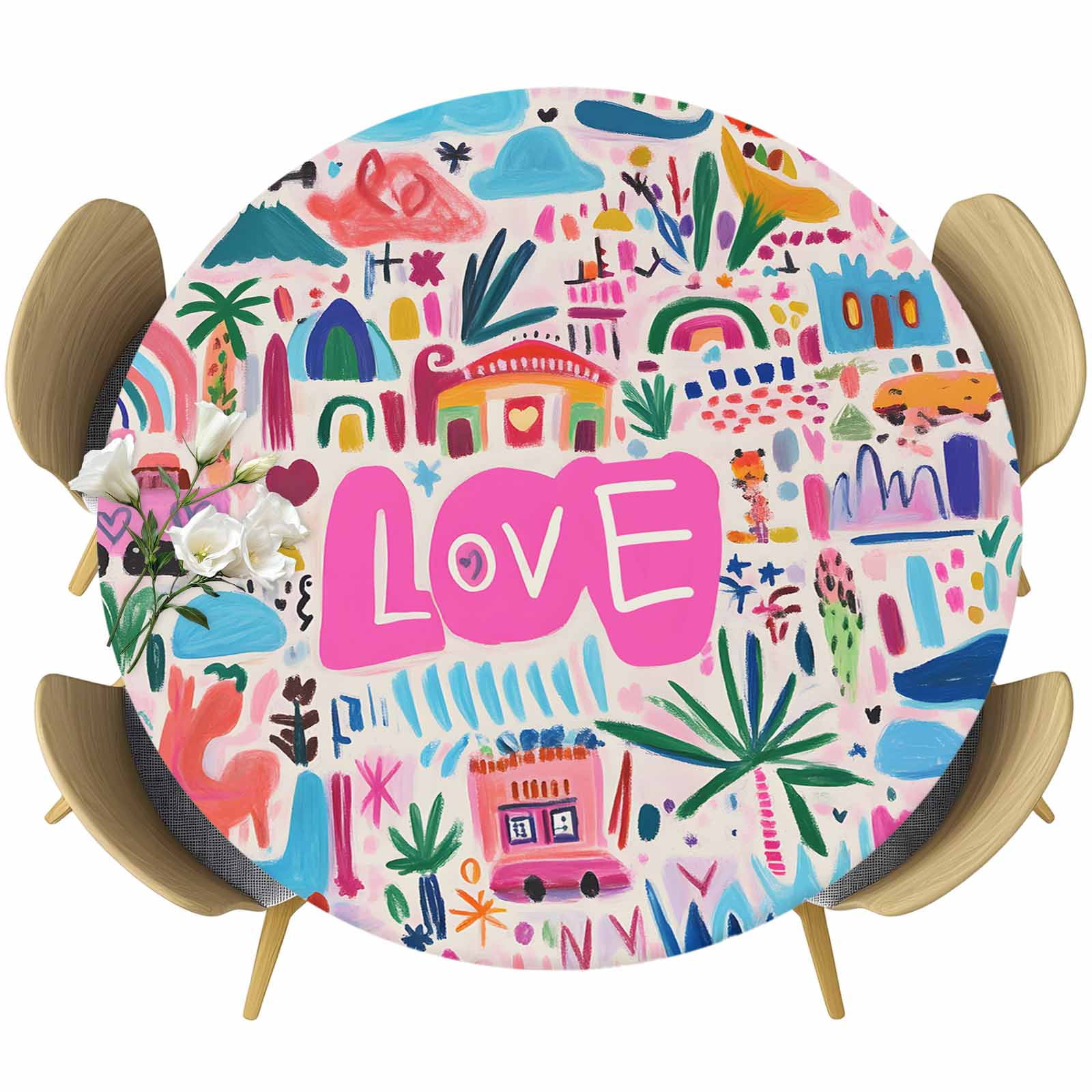 Colorful Abstract Round Tablecloth 55-60 Inch Round Fitted Table Cloth ...