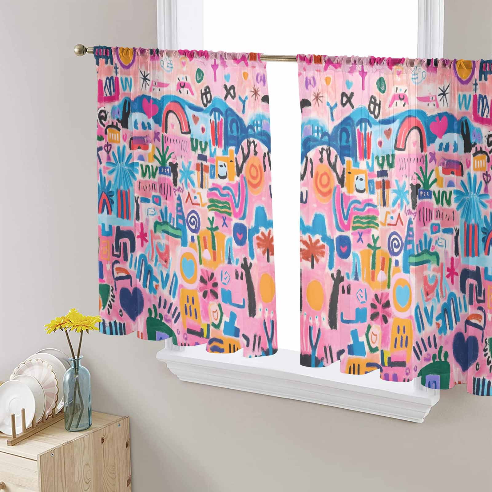 Colorful Abstract Sheer Curtains 45 Inch Length 2 Panels Set for Living ...