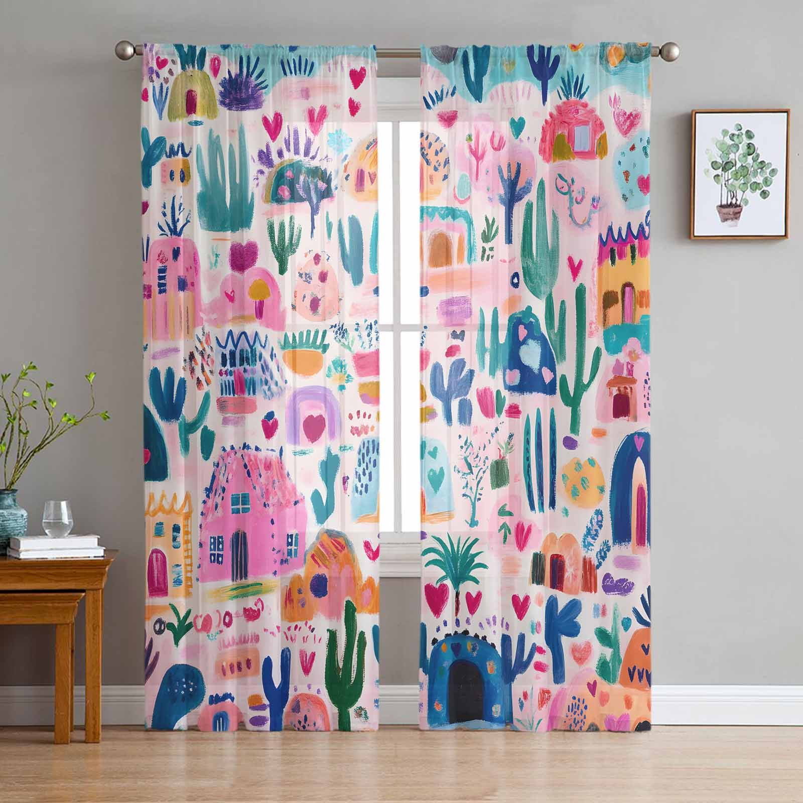 Colorful Abstract Sheer Curtains 63 Inch Length 2 Panels Set for Living ...