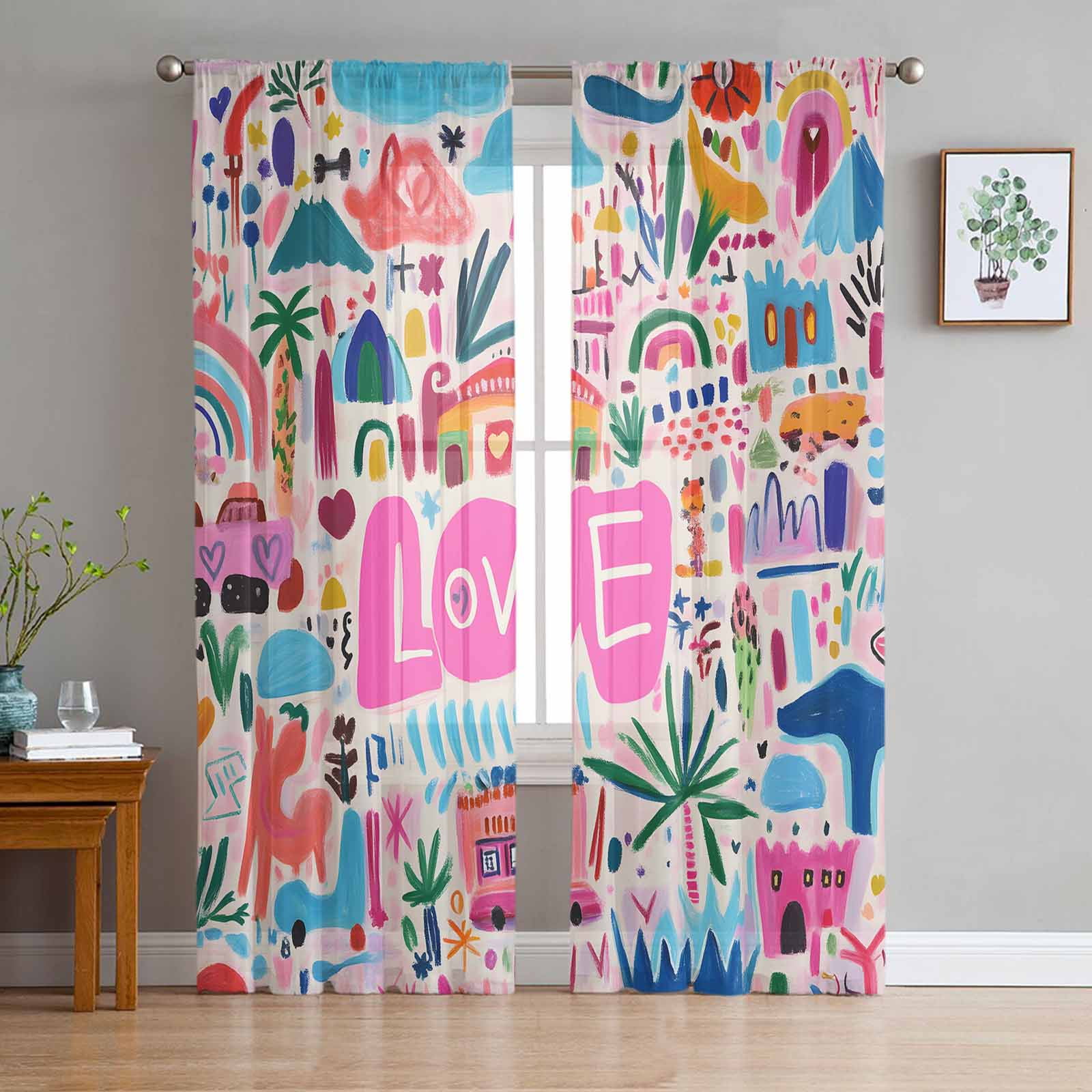 Colorful Abstract Sheer Curtains 63 Inch Length 2 Panels Set for Living ...