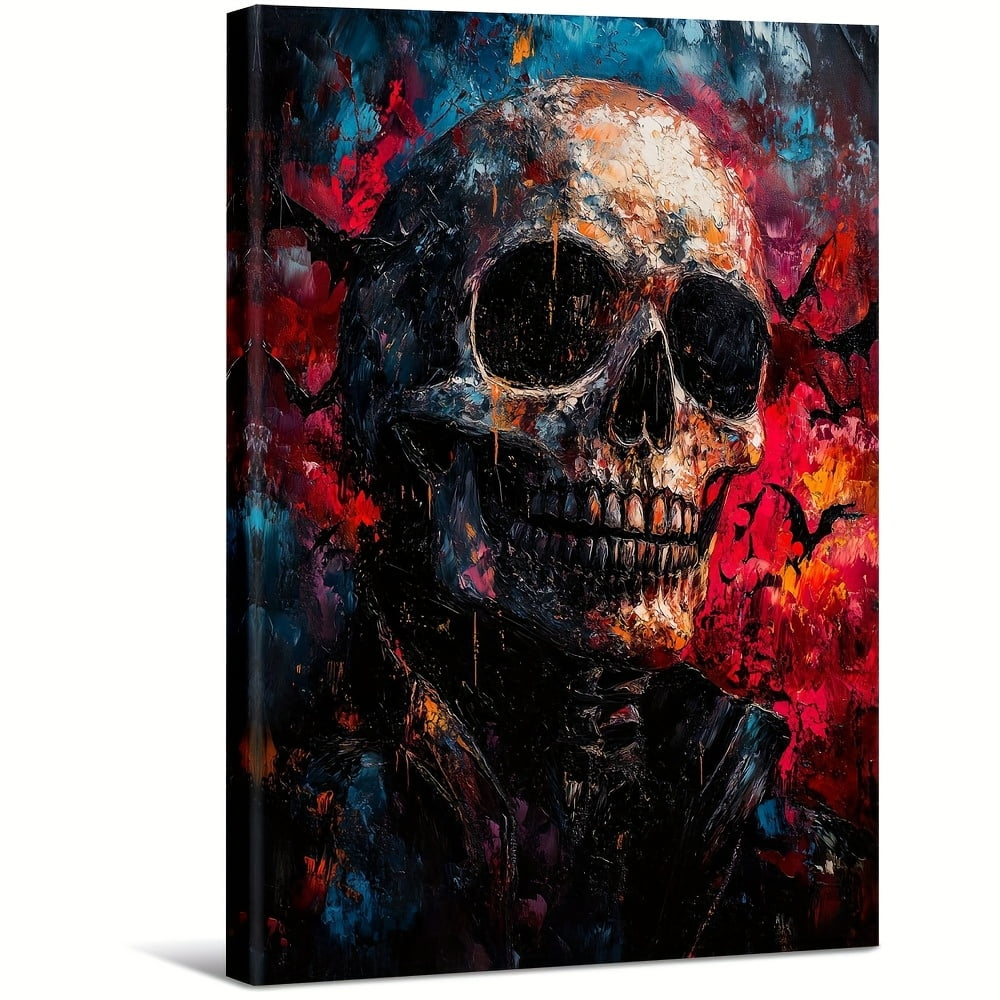Colorful Abstract Skull Painting On Dark Background Large Wooden Framed ...