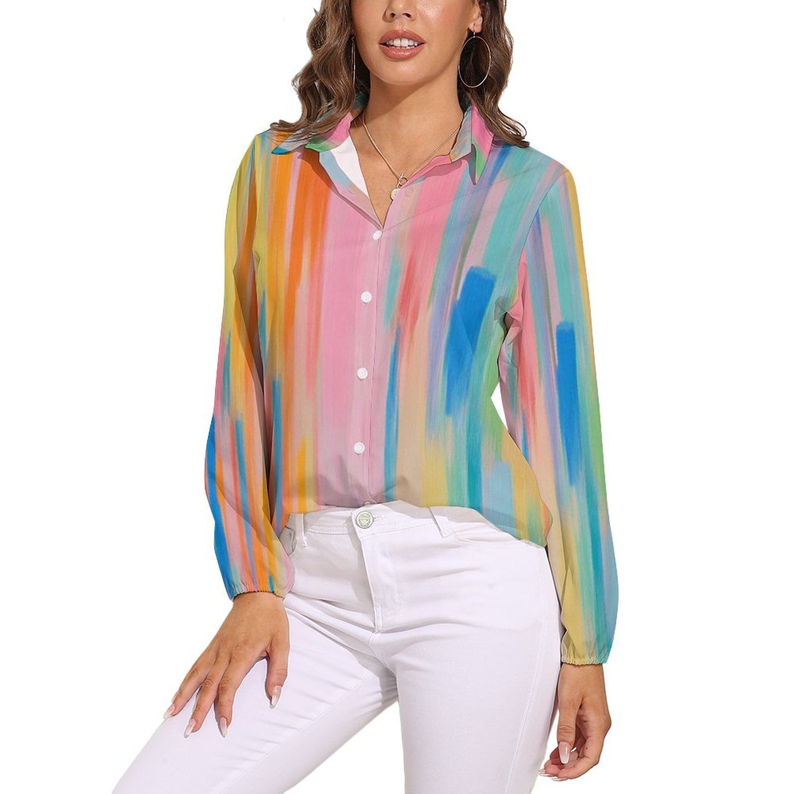 Colorful Abstract Splash Art Vntage Casual Long Sleeve Shirt Blouse ...