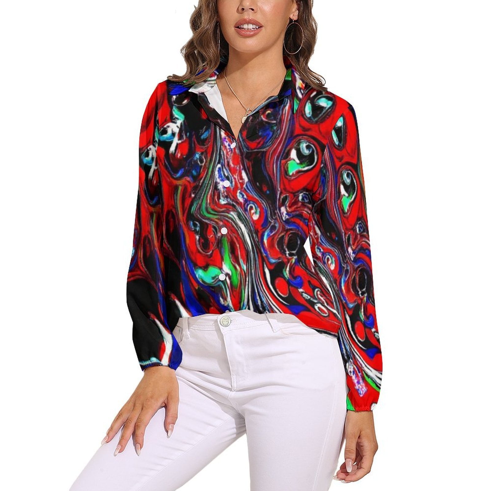 Colorful Abstract Swirls 3 Long Sleeve Blouse Woman Streetwear Casual ...