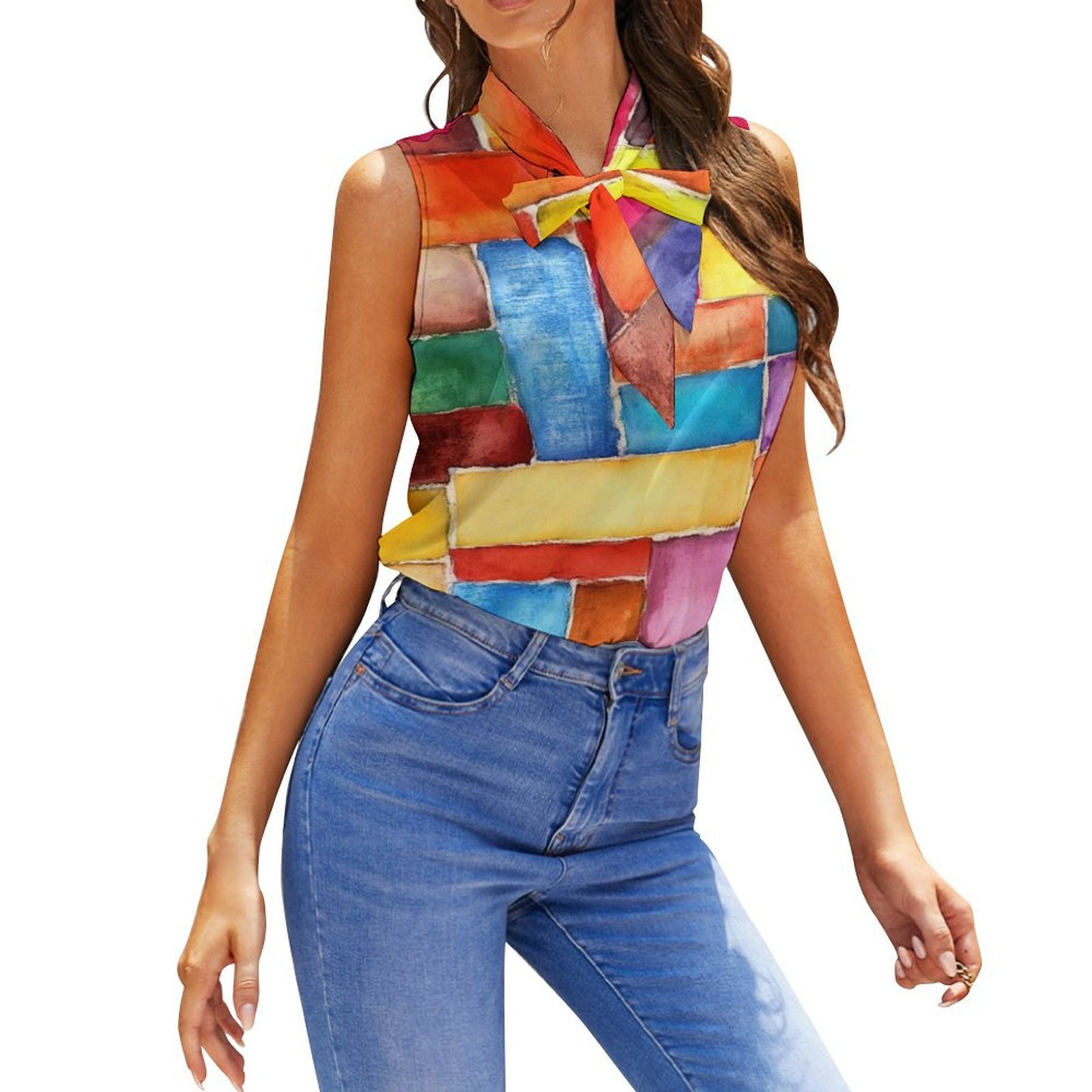 Colorful Abstract Watercolor Blocks Blouses Women Bow Tops Elegant ...