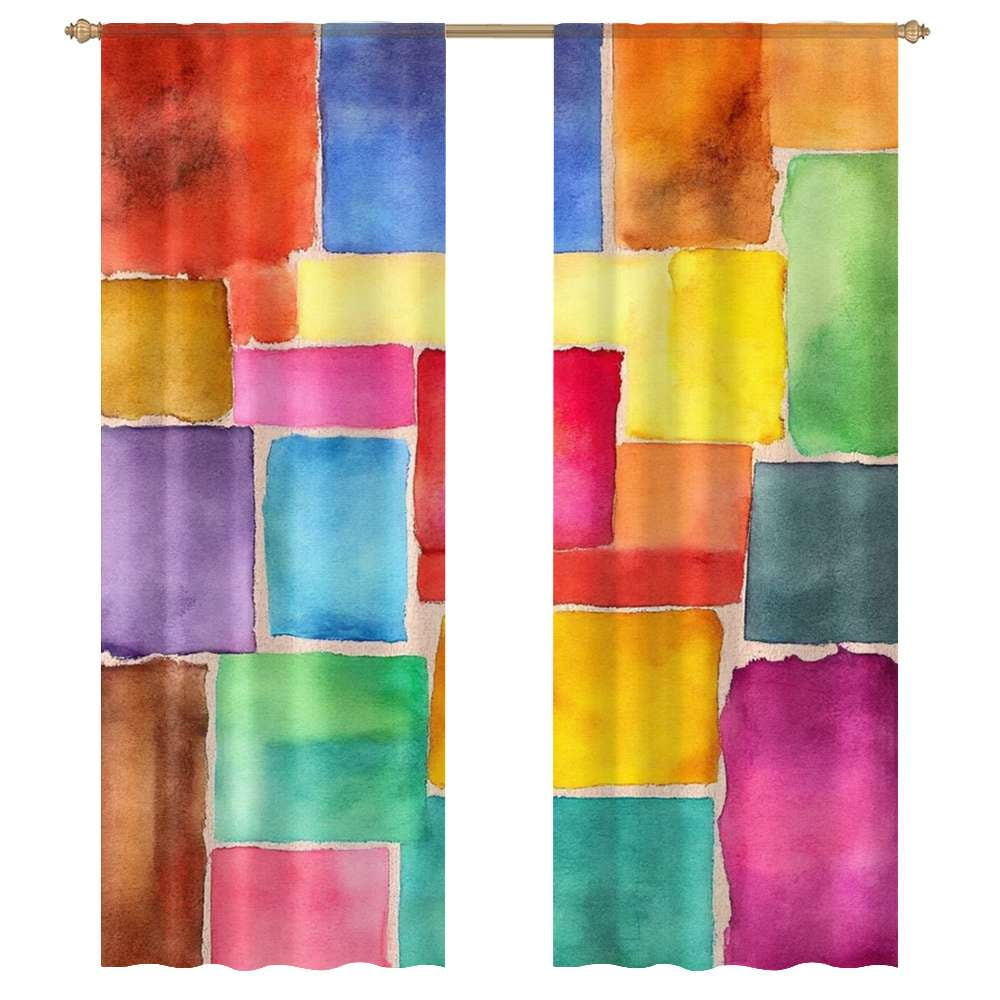 Colorful Abstract Watercolor Blocks Sheer Window Curtains for Living ...