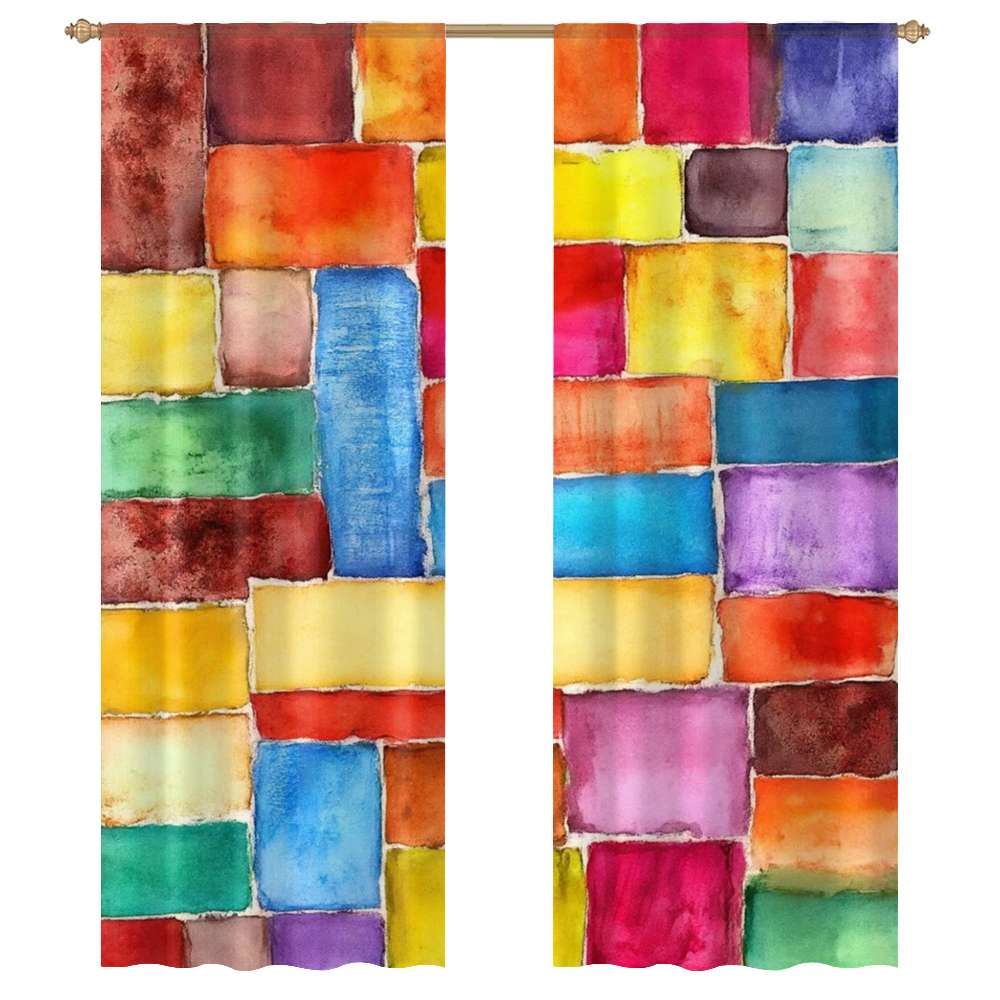 Colorful Abstract Watercolor Blocks Tulle Curtains For Living Room ...
