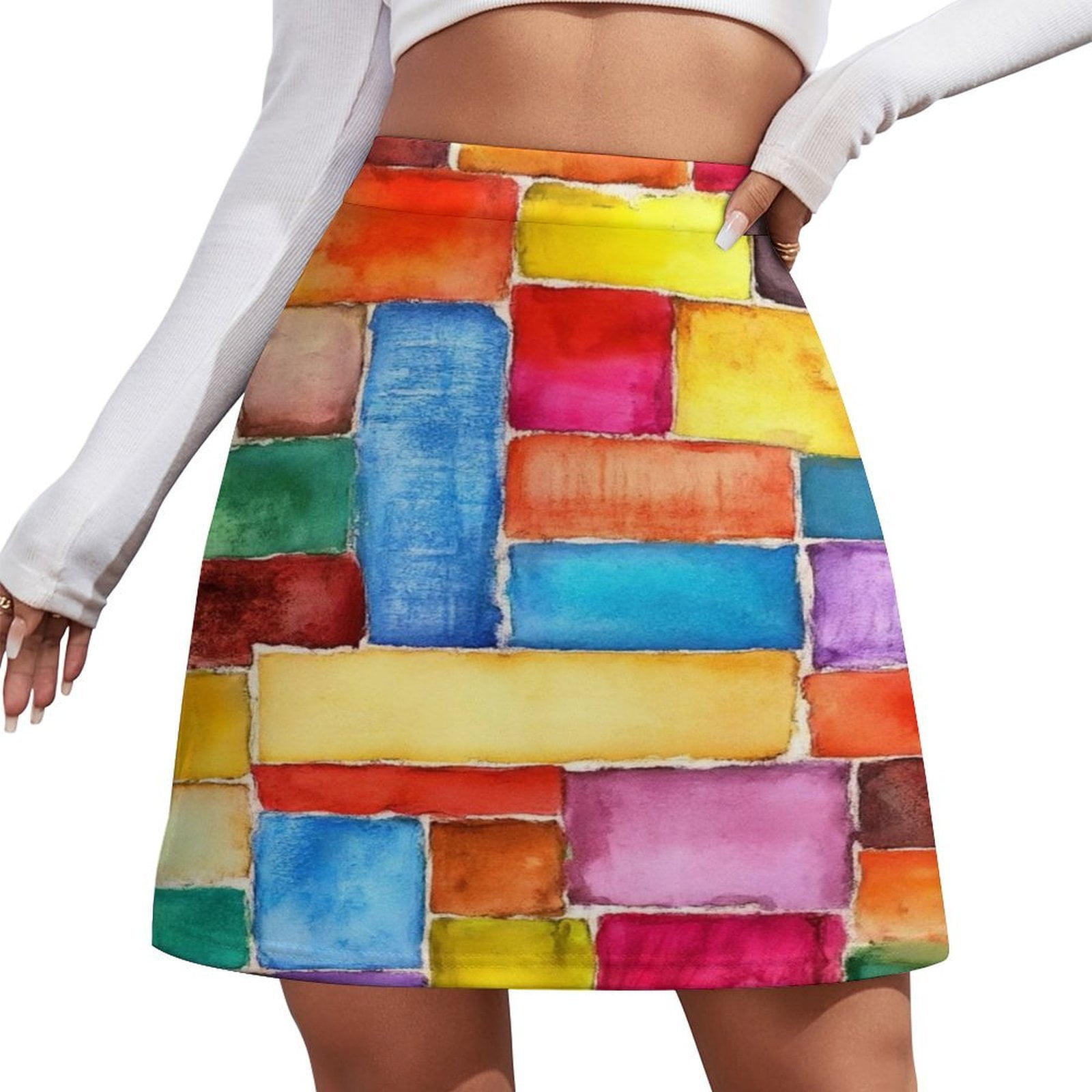 Colorful Abstract Watercolor Blocks Women's High Waist Skirt Stretchy ...