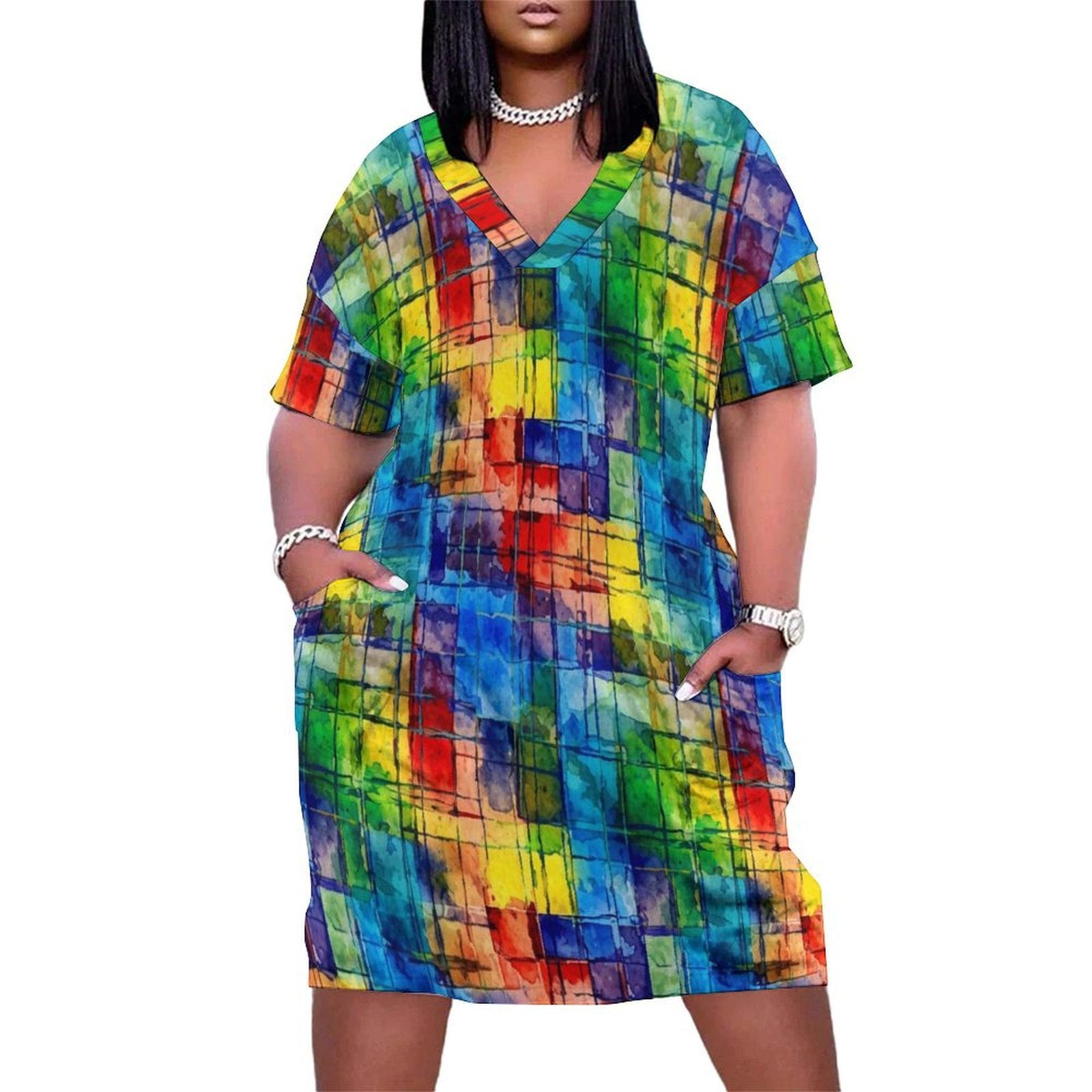 Colorful Abstract Watercolor Grid Pattern Loose Pocket Dress Dresses ...