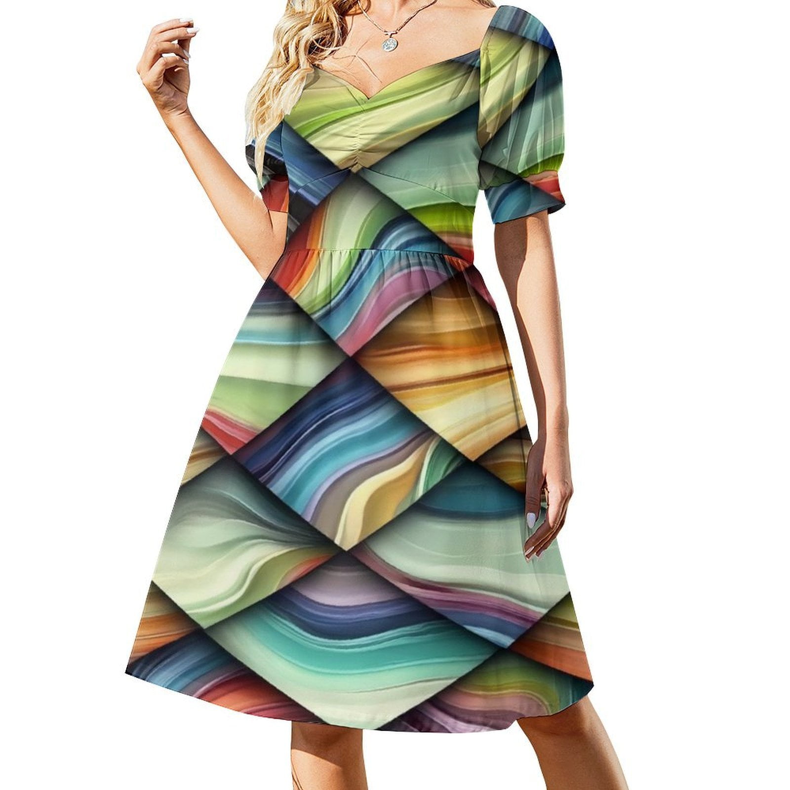 Colorful Abstract Wavy Pattern Design Short Sleeve Dress Clothes Women ...