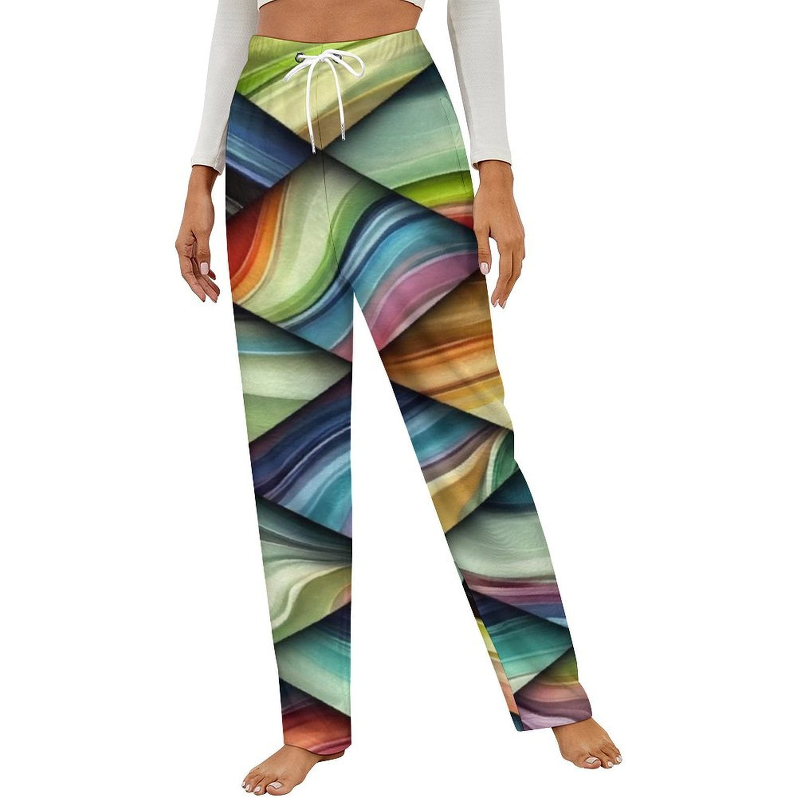 Colorful Abstract Wavy Pattern Design Winter Female Pants Flannel High ...