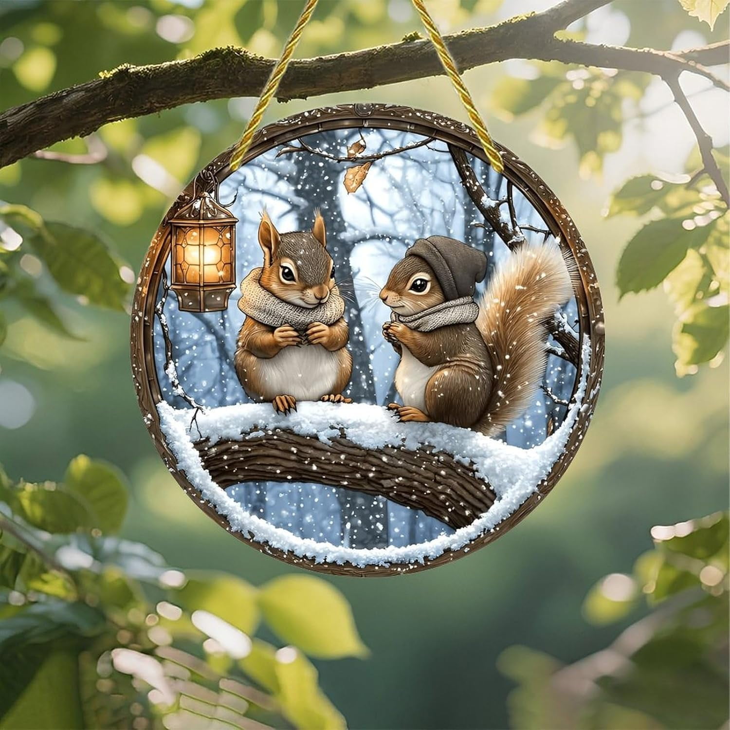 Colorful Acrylic Suncatcher, Squirrels Winter Snow Scene 7-inch Hanging ...