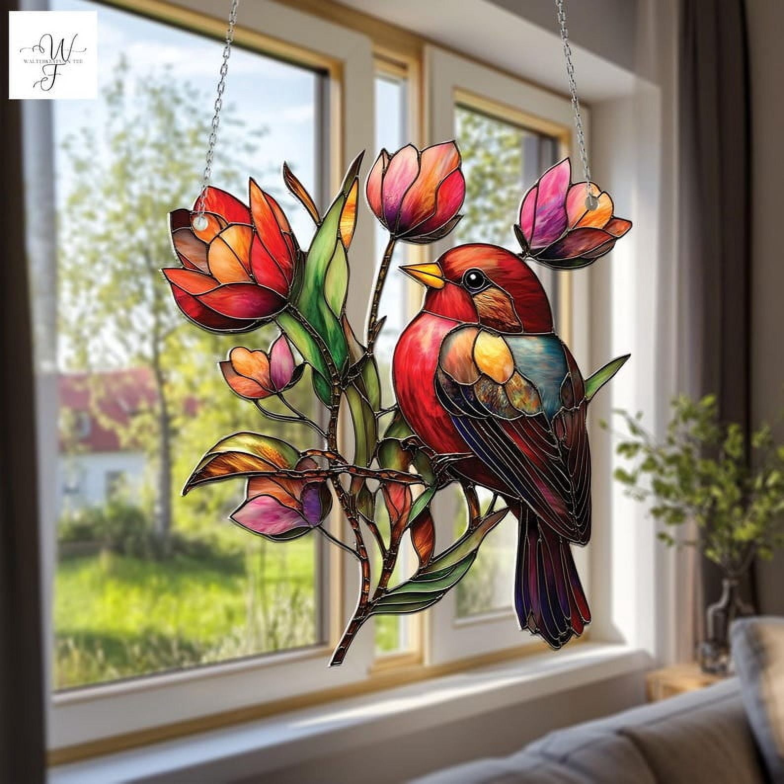 Colorful Acrylic Window Hanging with Vibrant Bird and Flowers, Elegant ...
