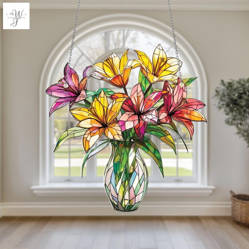 Colorful Acrylic Window Hanging with Vibrant Lily Flowers in Vase ...